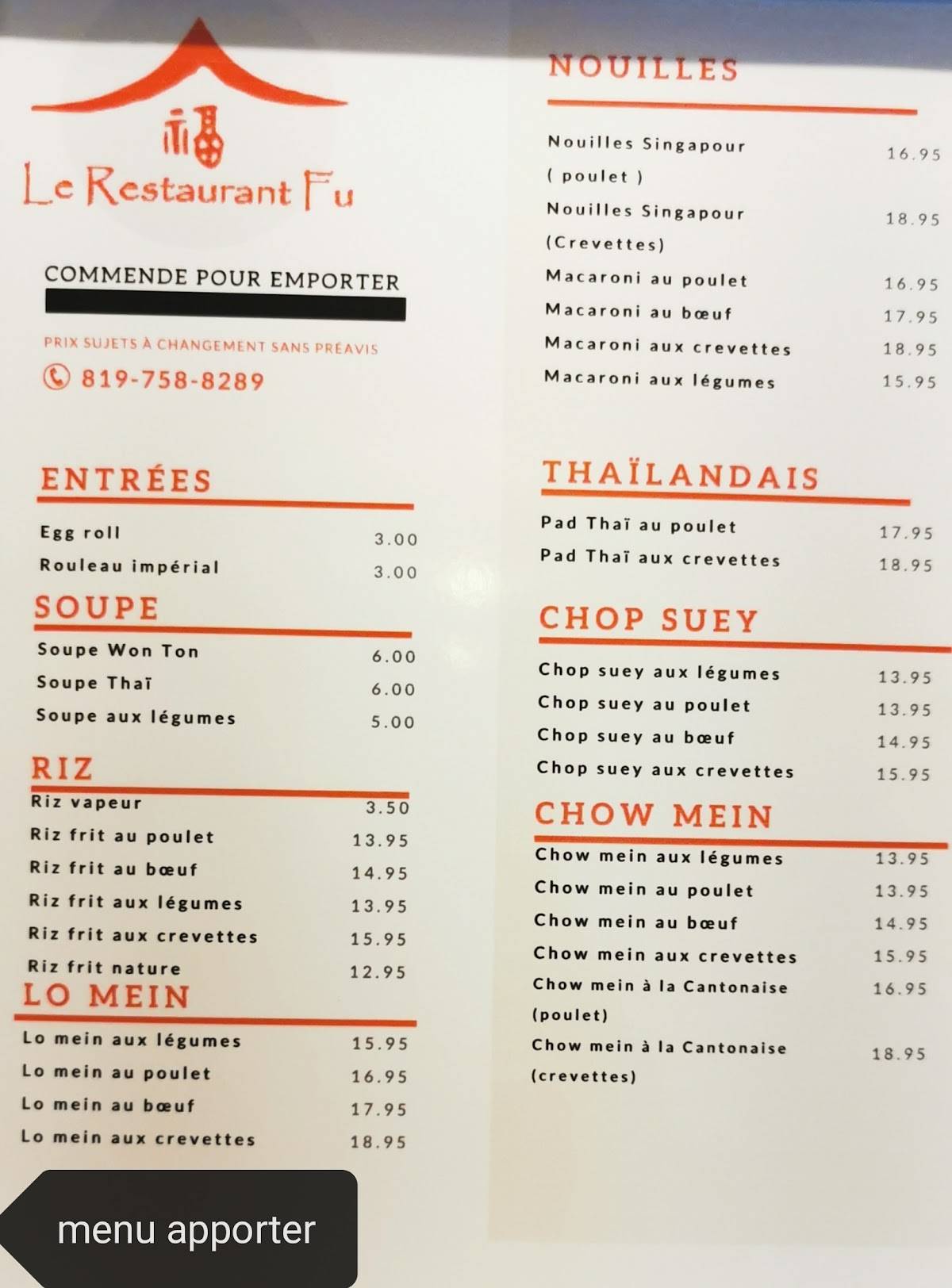 Menu au Le Restaurant FU, Victoriaville
