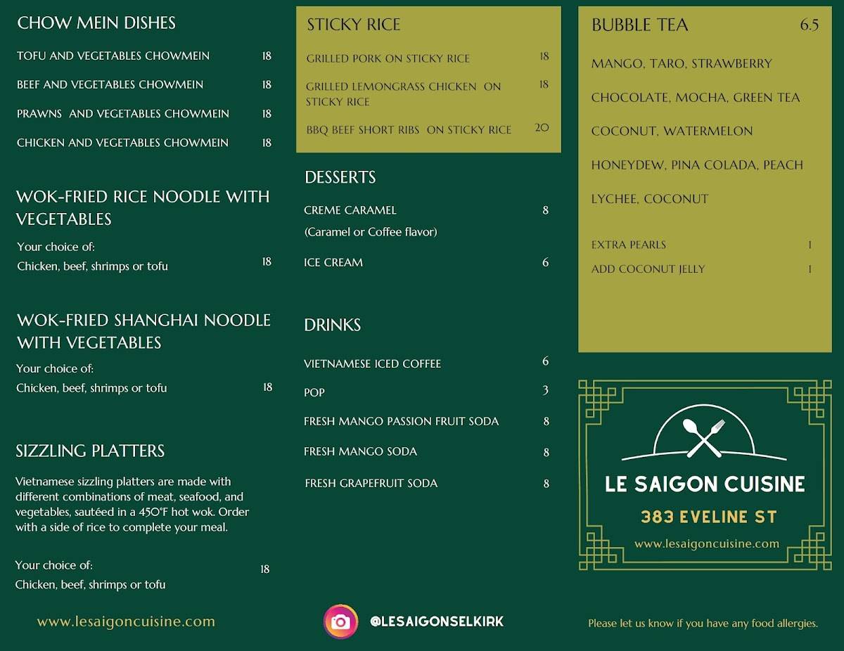 Menu at Le Saigon Cuisine restaurant, Selkirk
