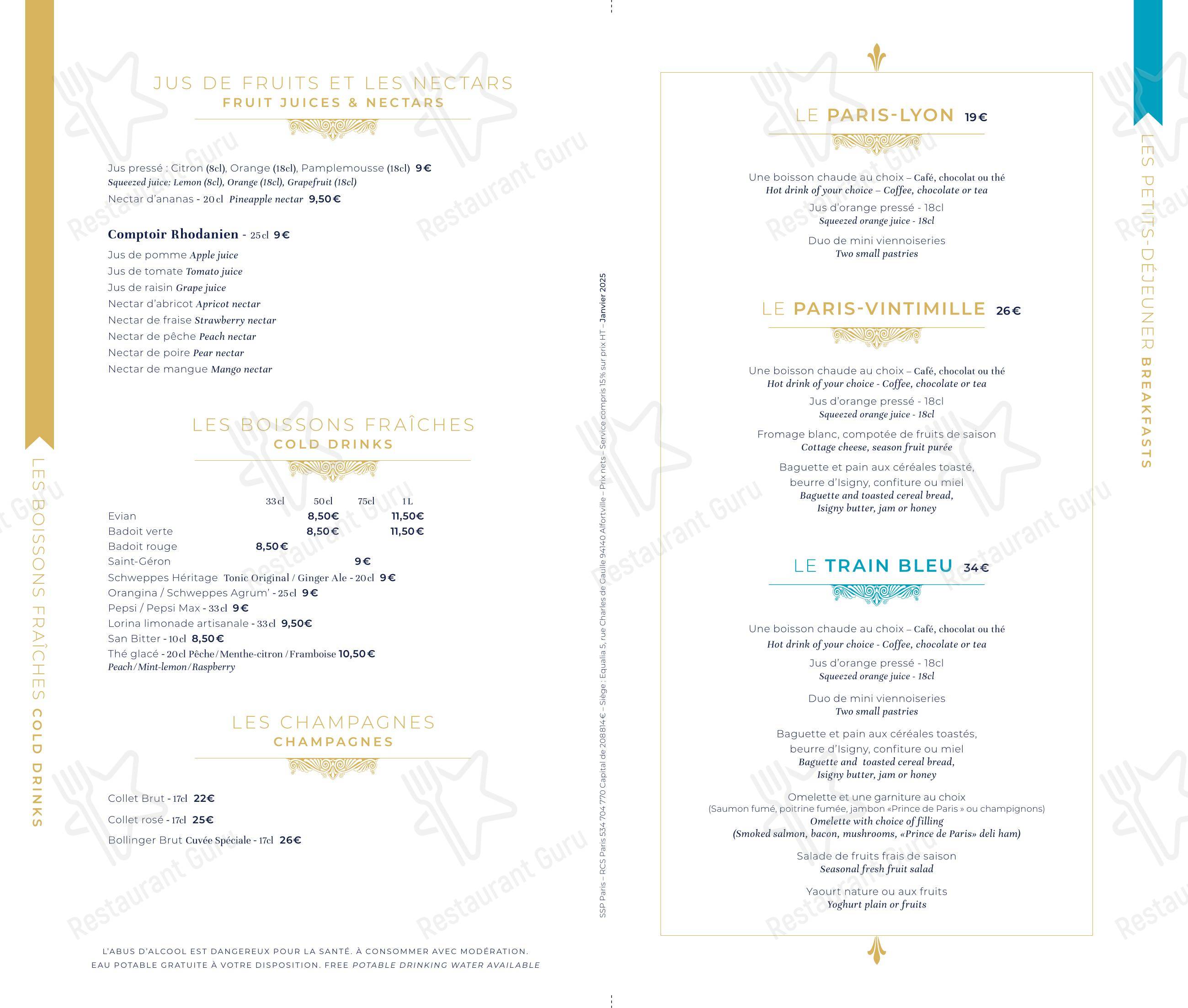 Menu au Le Train Bleu restaurant, Paris, Gare de Lyon