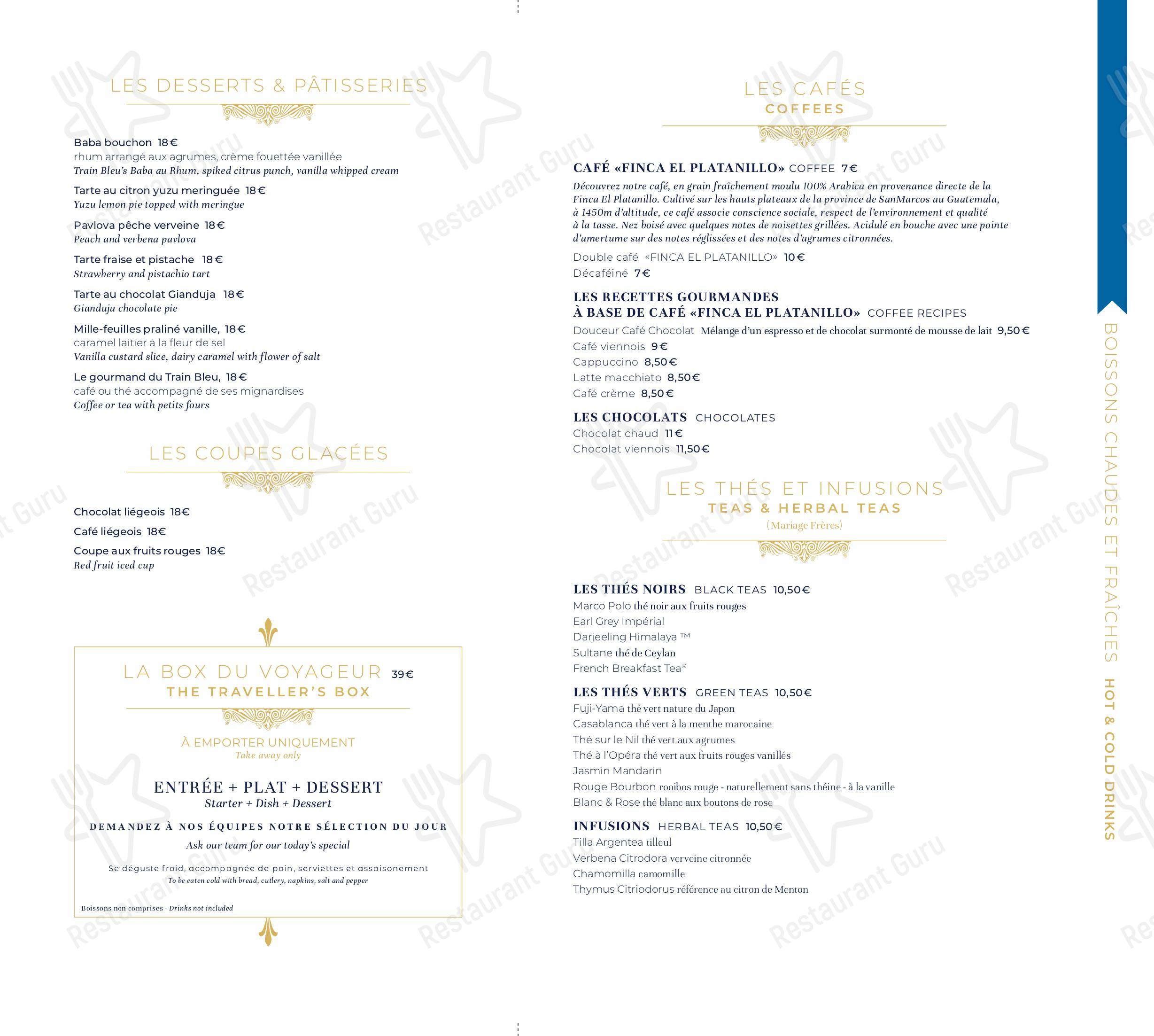 Menu au Le Train Bleu restaurant, Paris, Gare de Lyon