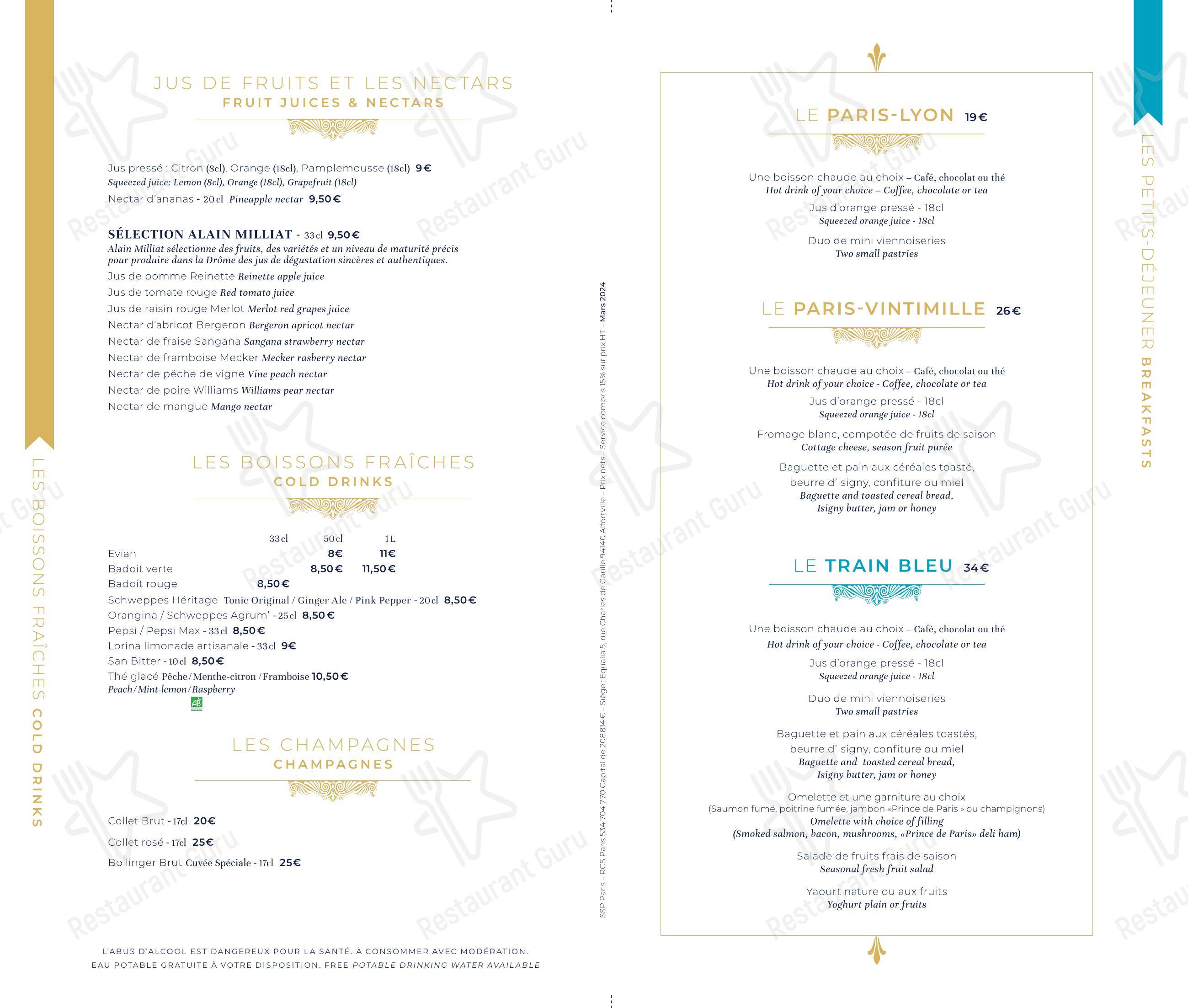 Menu at Le Train Bleu restaurant, Paris, Gare de Lyon
