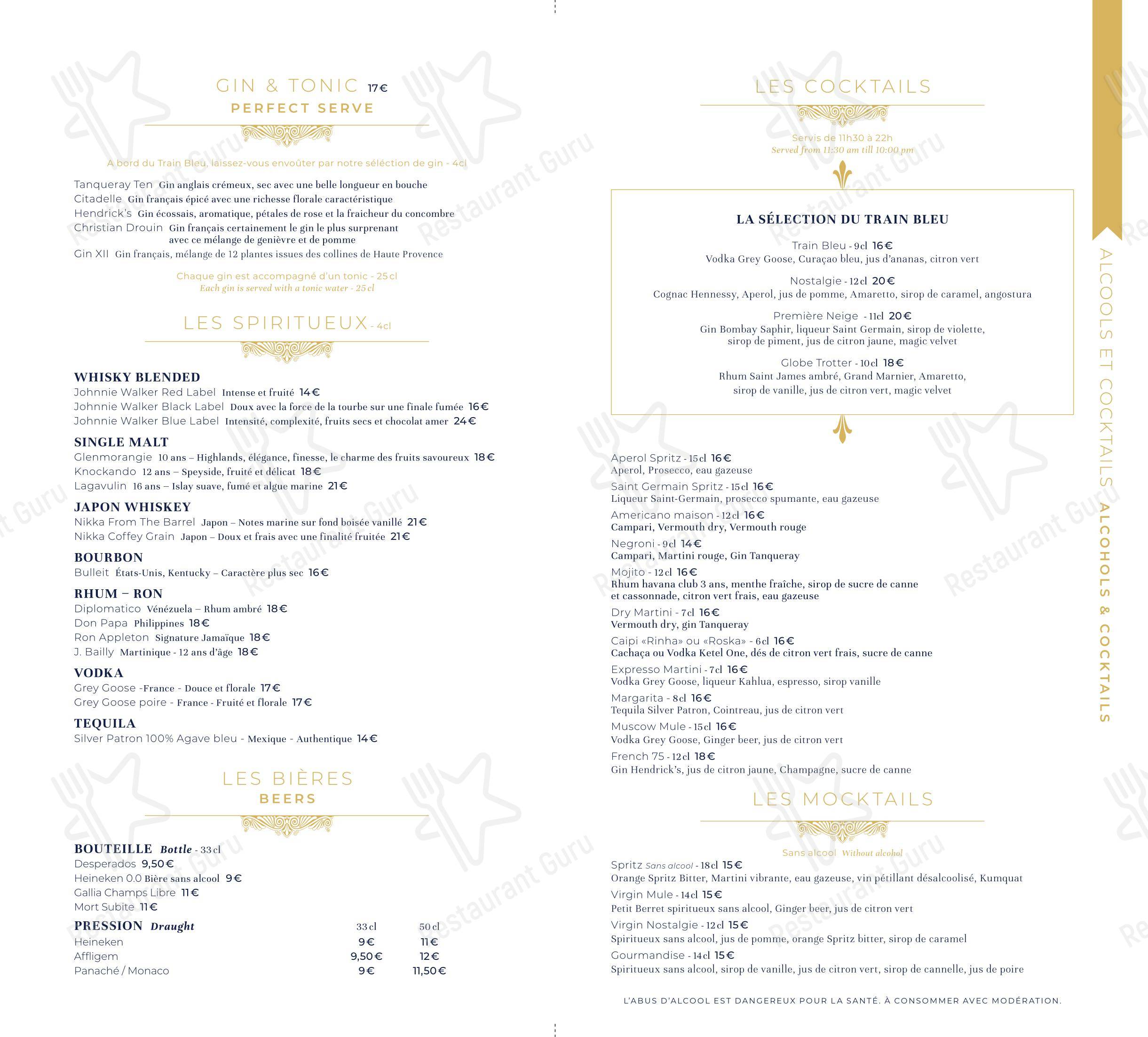 Menu at Le Train Bleu restaurant, Paris, Gare de Lyon