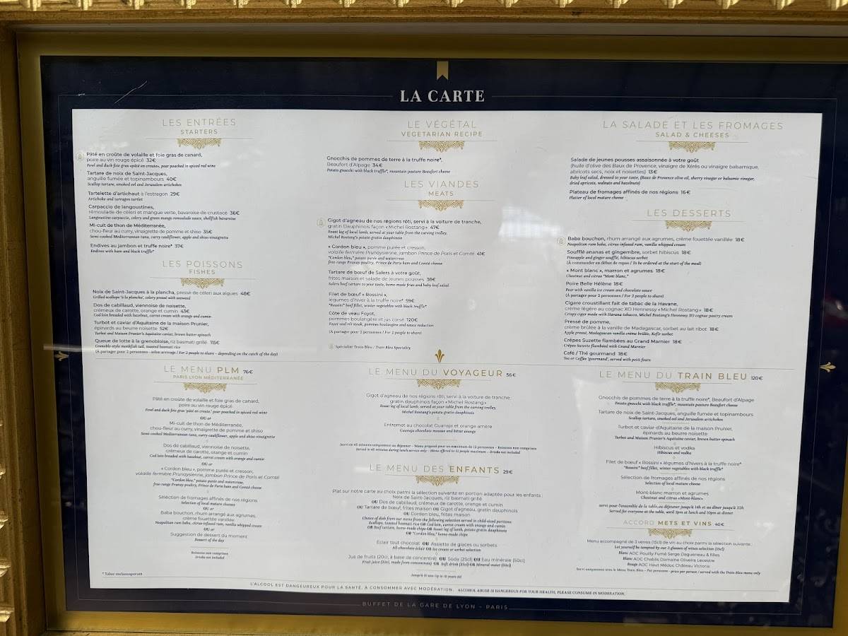 Menu at Le Train Bleu restaurant, Paris, Gare de Lyon