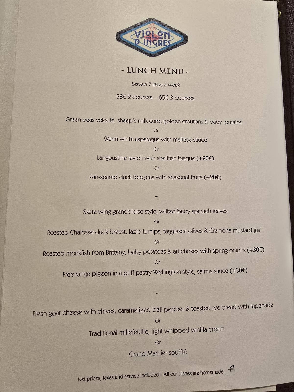 Menu au Le Violon d'Ingres restaurant, Paris, 135 Rue Saint-Dominique