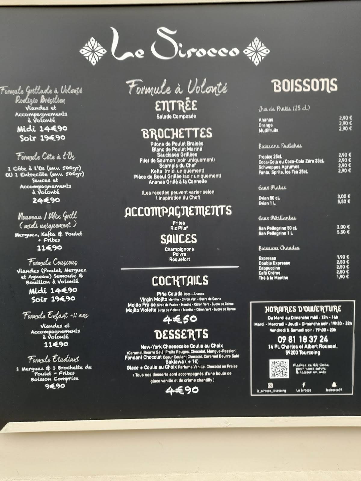 Menu au Le sirocco restaurant, Tourcoing