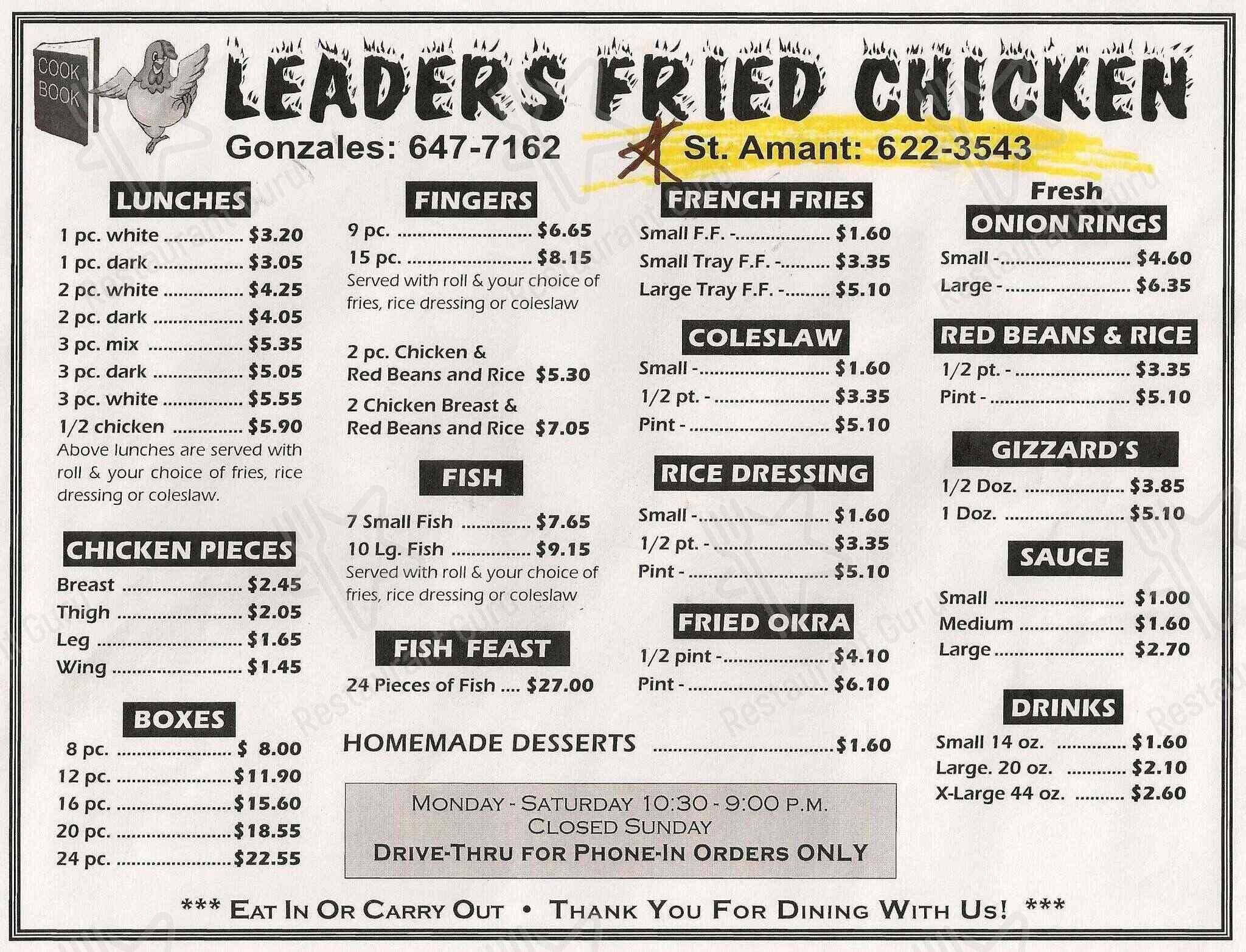 Menu at Leader's Fried Chicken - St. Amant restaurant, Prairieville