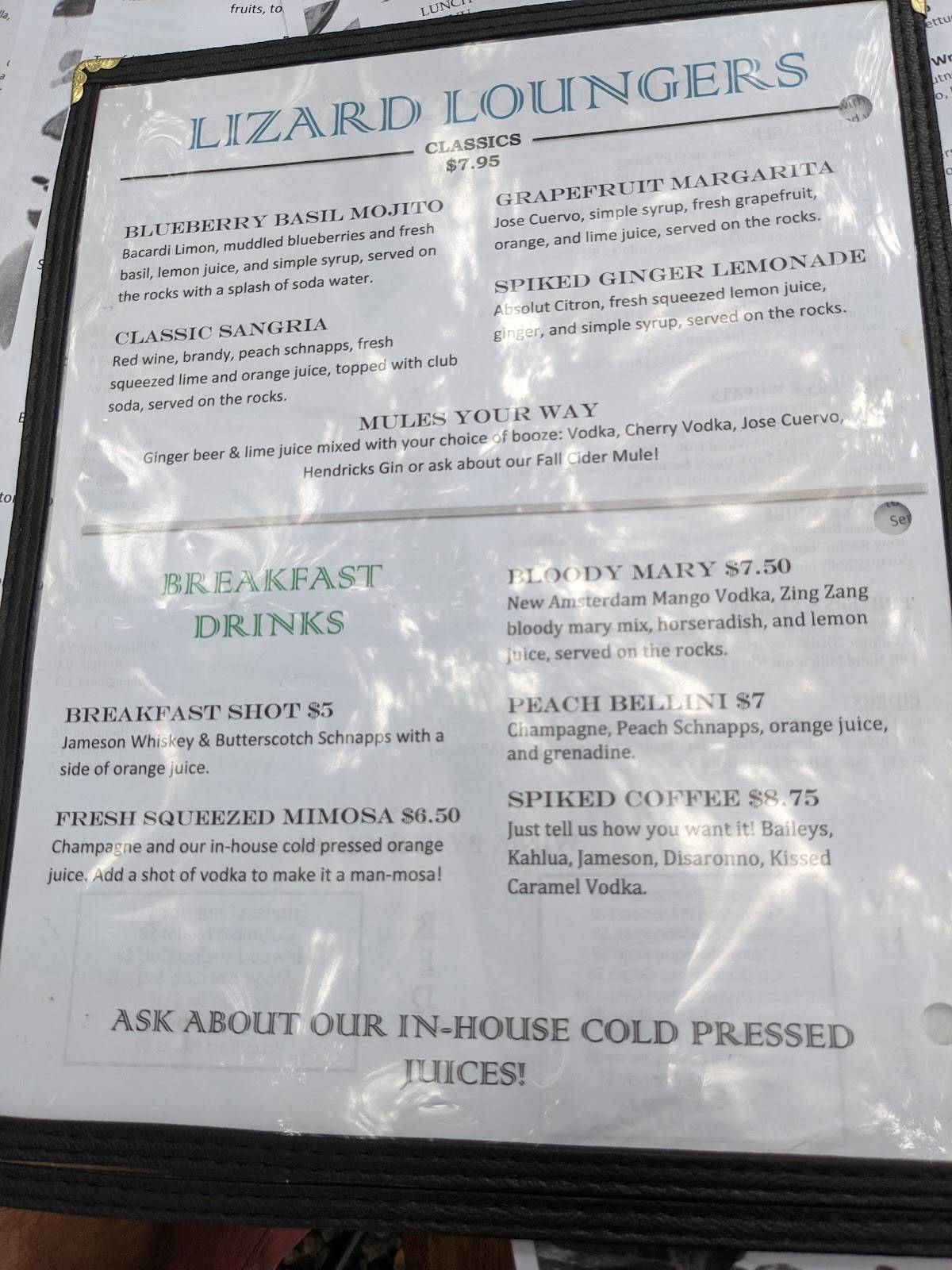 Menu at Leaping Lizard Cafe, Virginia Beach, Shore Dr