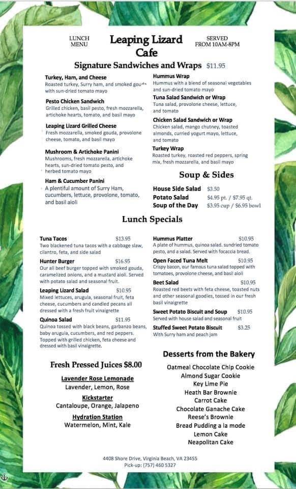 Menu at Leaping Lizard Cafe, Virginia Beach, Shore Dr