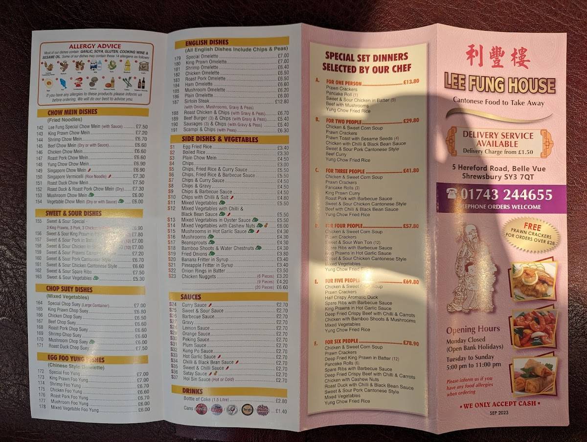 Menu at Lee Fung House fast food, Shrewsbury