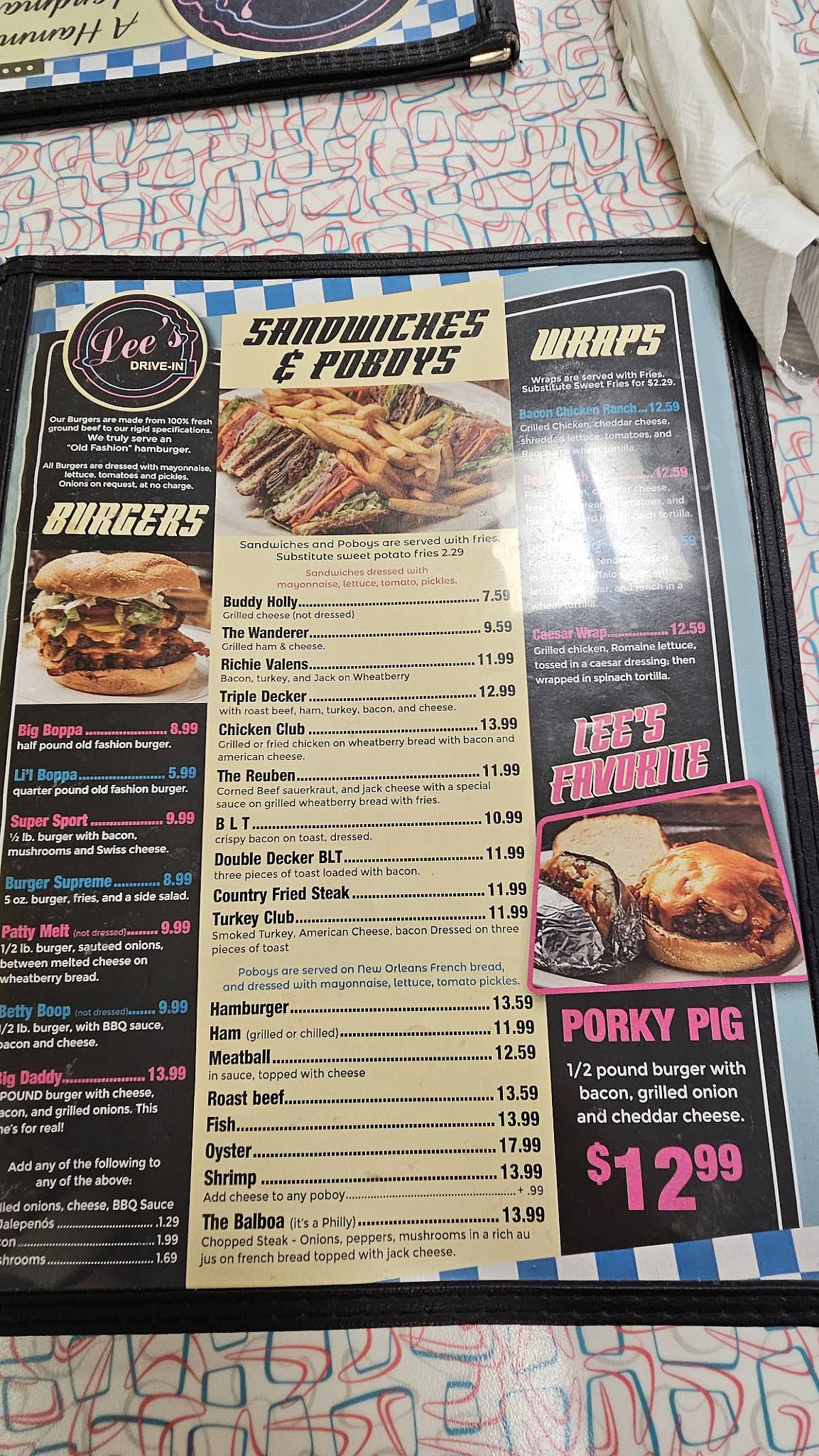 Menu at Lee’s Diner restaurant, Hammond, 401 W Thomas St