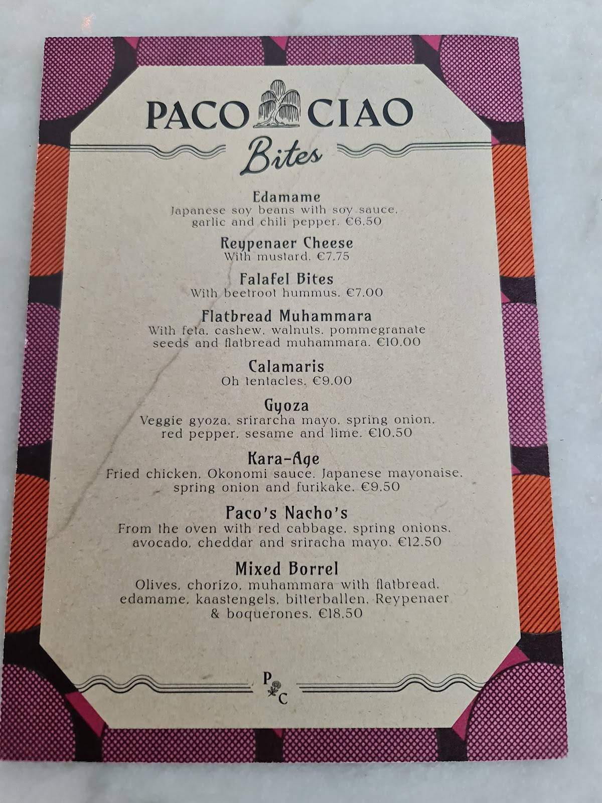 Menu at Paco Ciao, Leiden