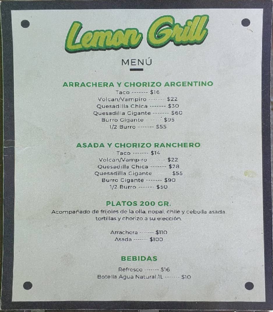 Menu at Lemon grill restaurant, Maravillas, Av. Siglo XXI 205