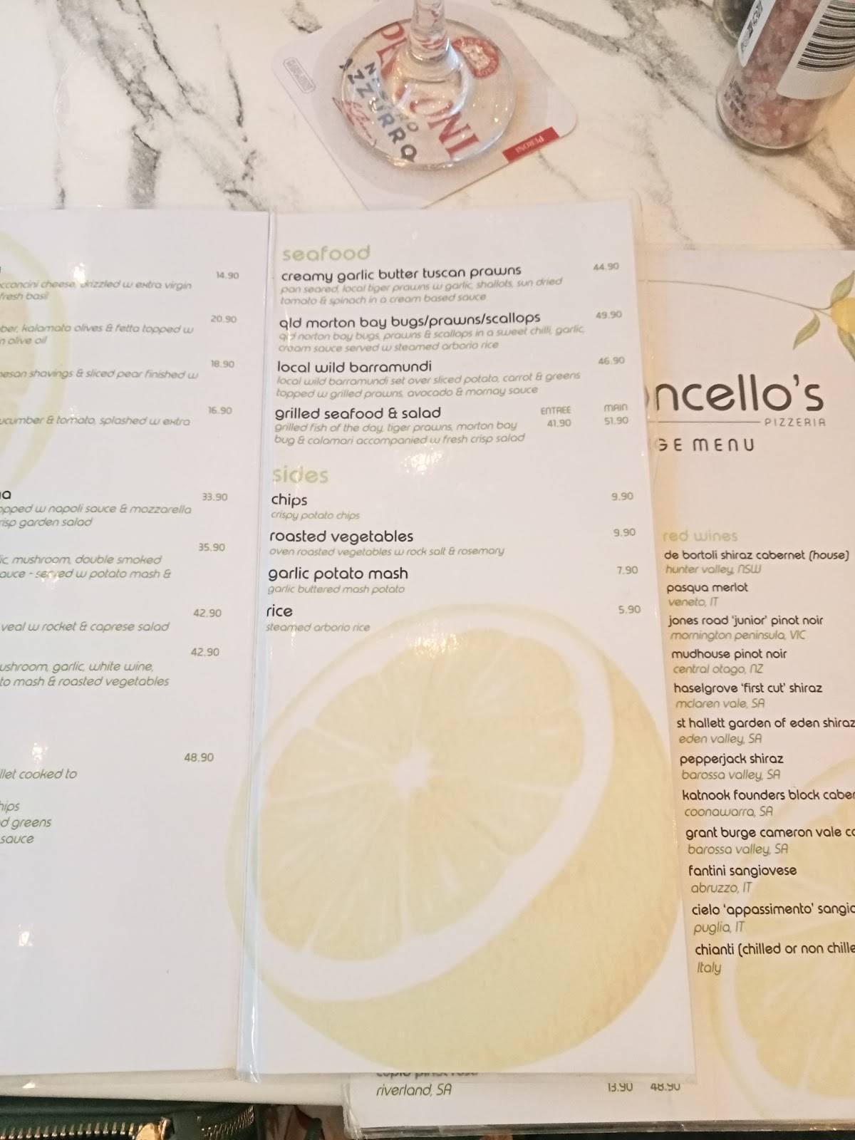 Menu at Lemoncello's Cairns pizzeria, Cairns City