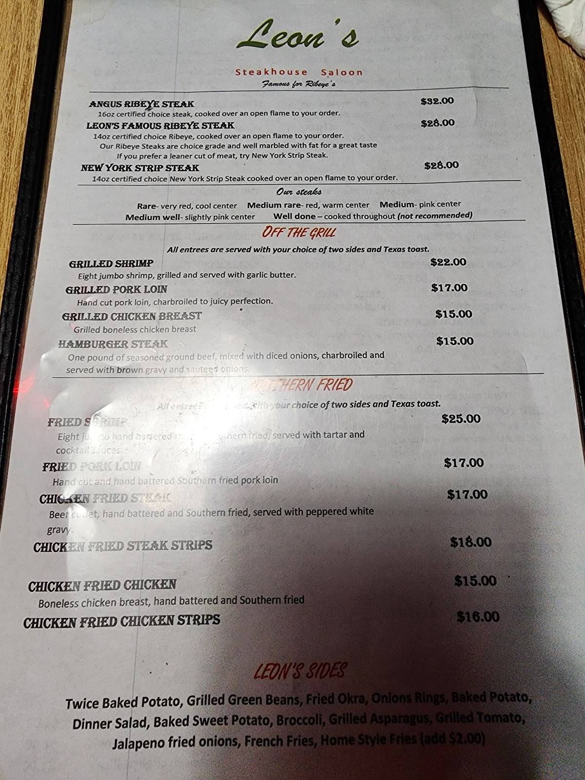 Menu at Leon's Steakhouse Saloon, Longview
