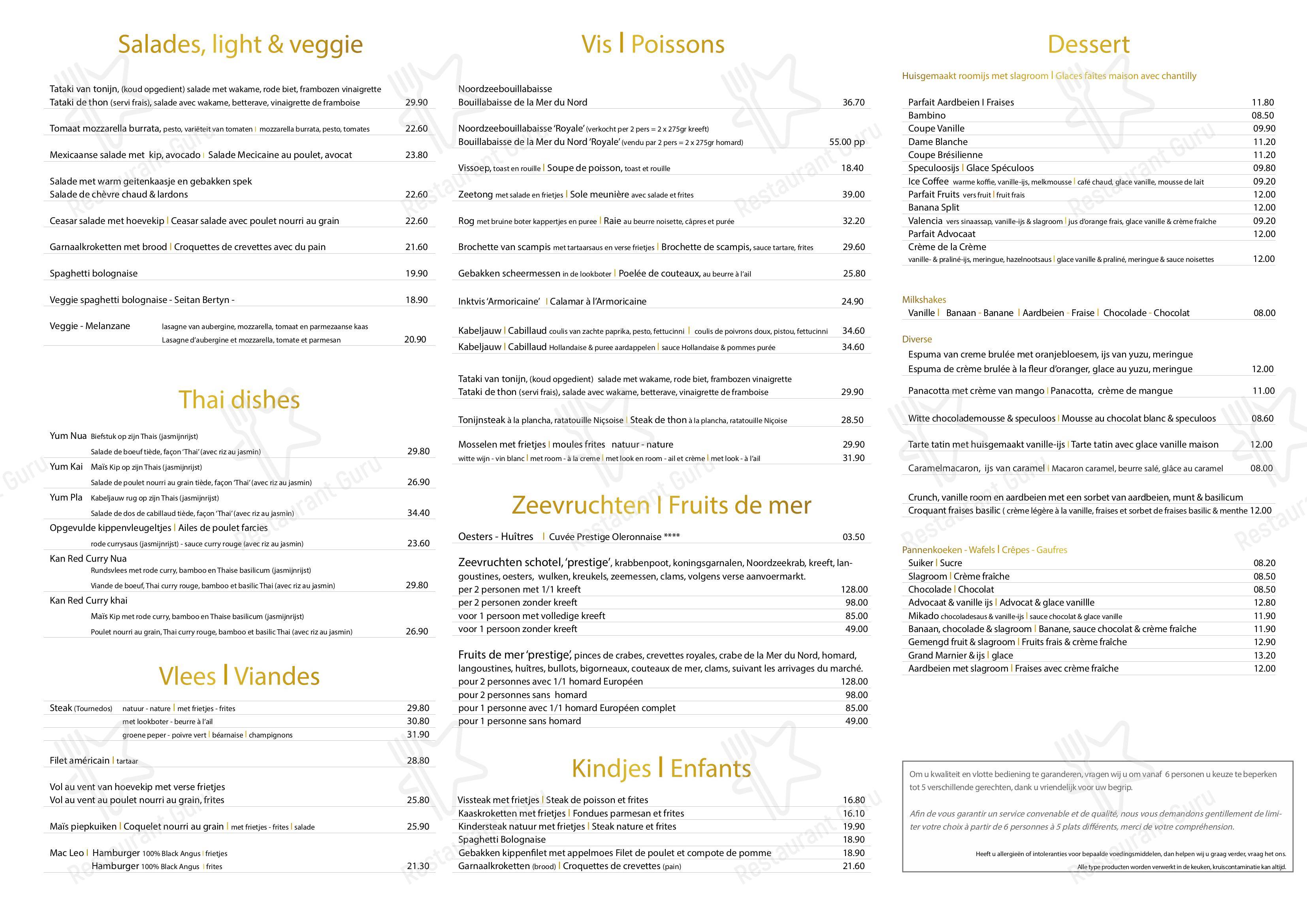 Menu au Leopold 1 Brasserie Restaurant, La Panne