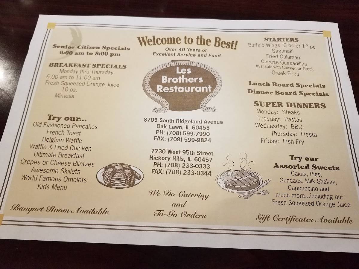 Menu at Les Brothers Restaurant, Oak Lawn, S Ridgeland Ave