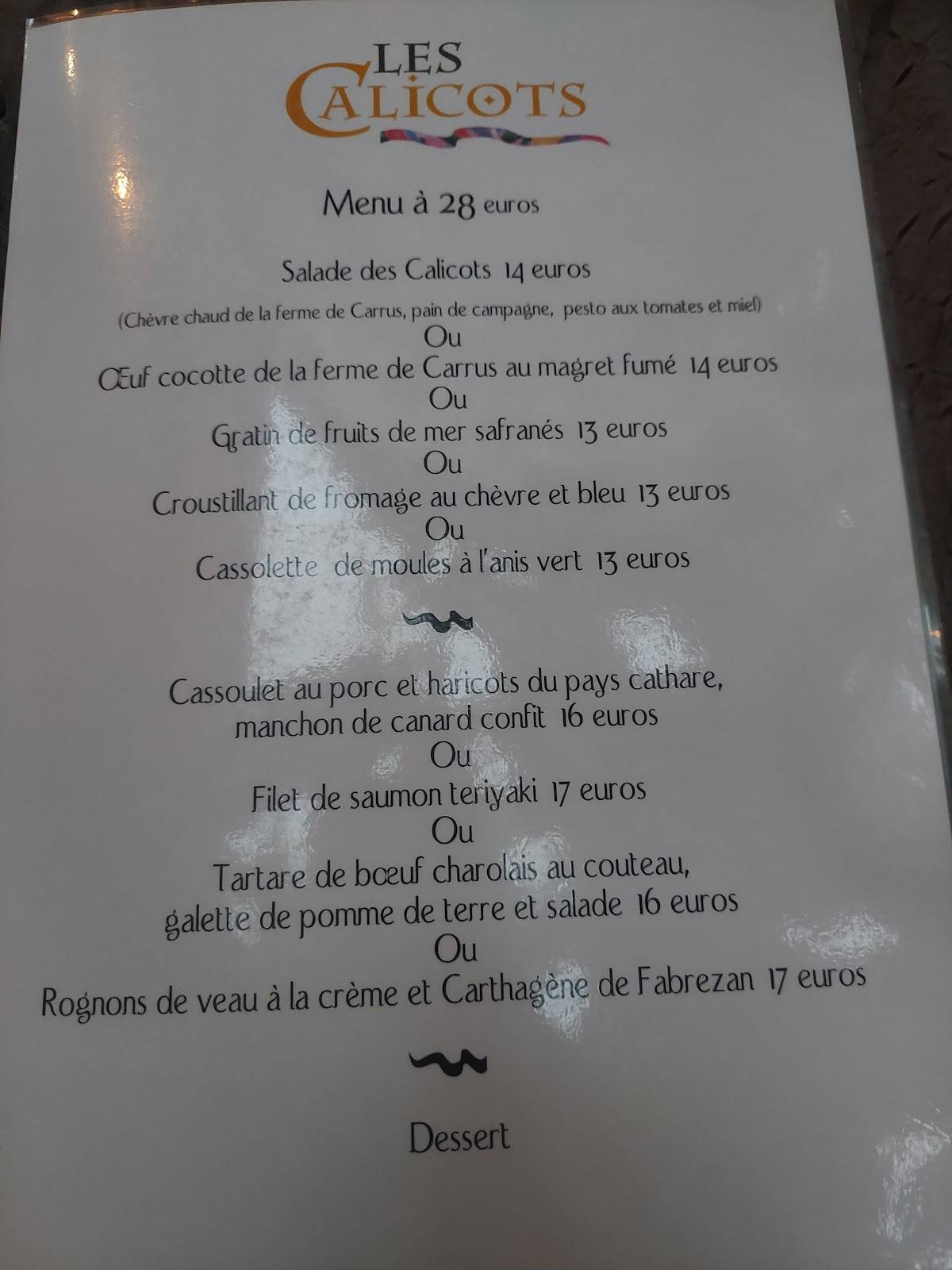 Menu au Les Calicots restaurant, Fabrezan
