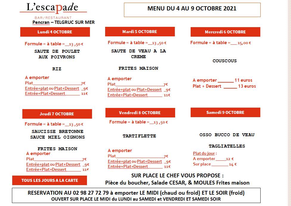 Menu au L'escapade restaurant, Telgruc-sur-Mer, Pencran