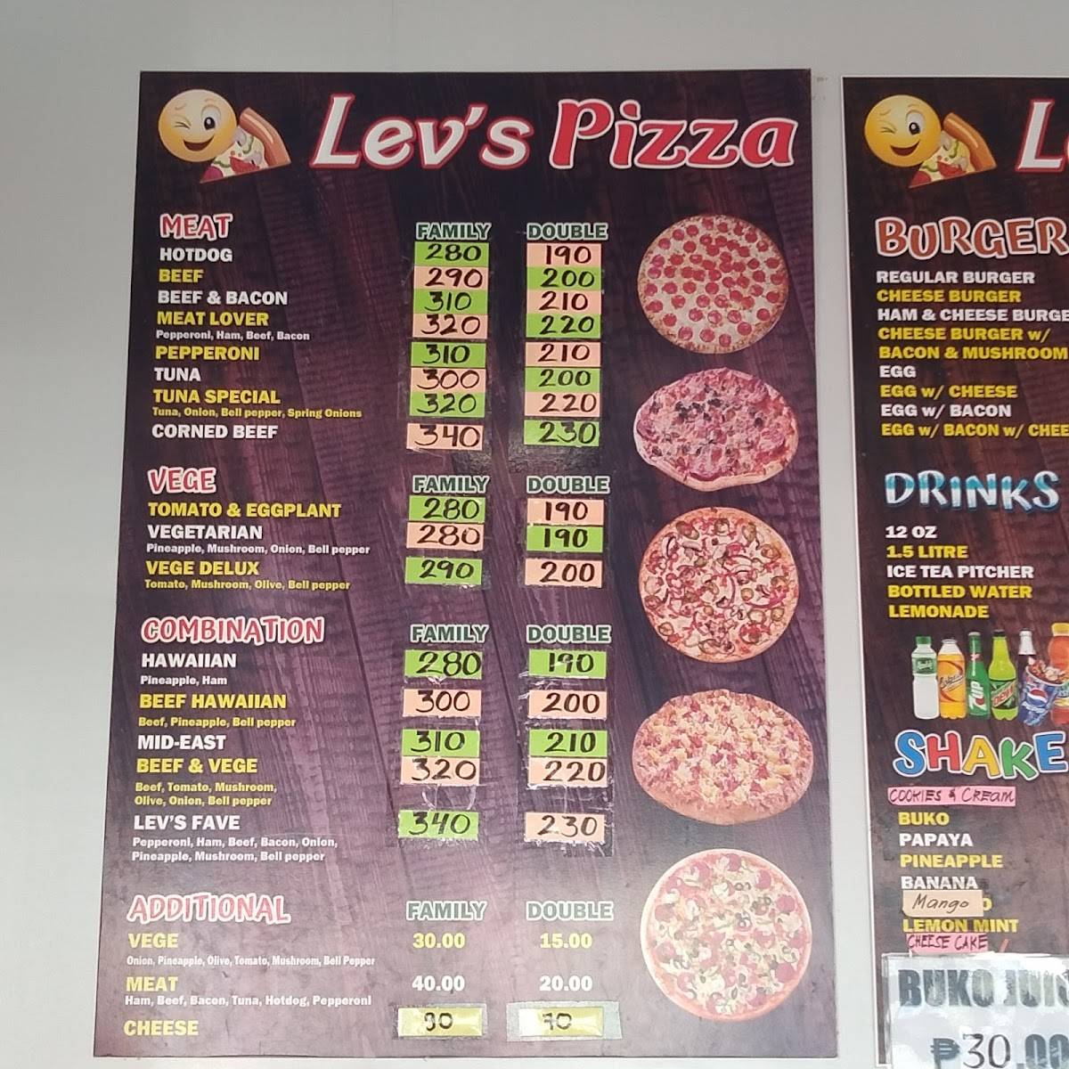 Menu at Lev's Pizza restaurant, Puerto Princesa, PPRP+947