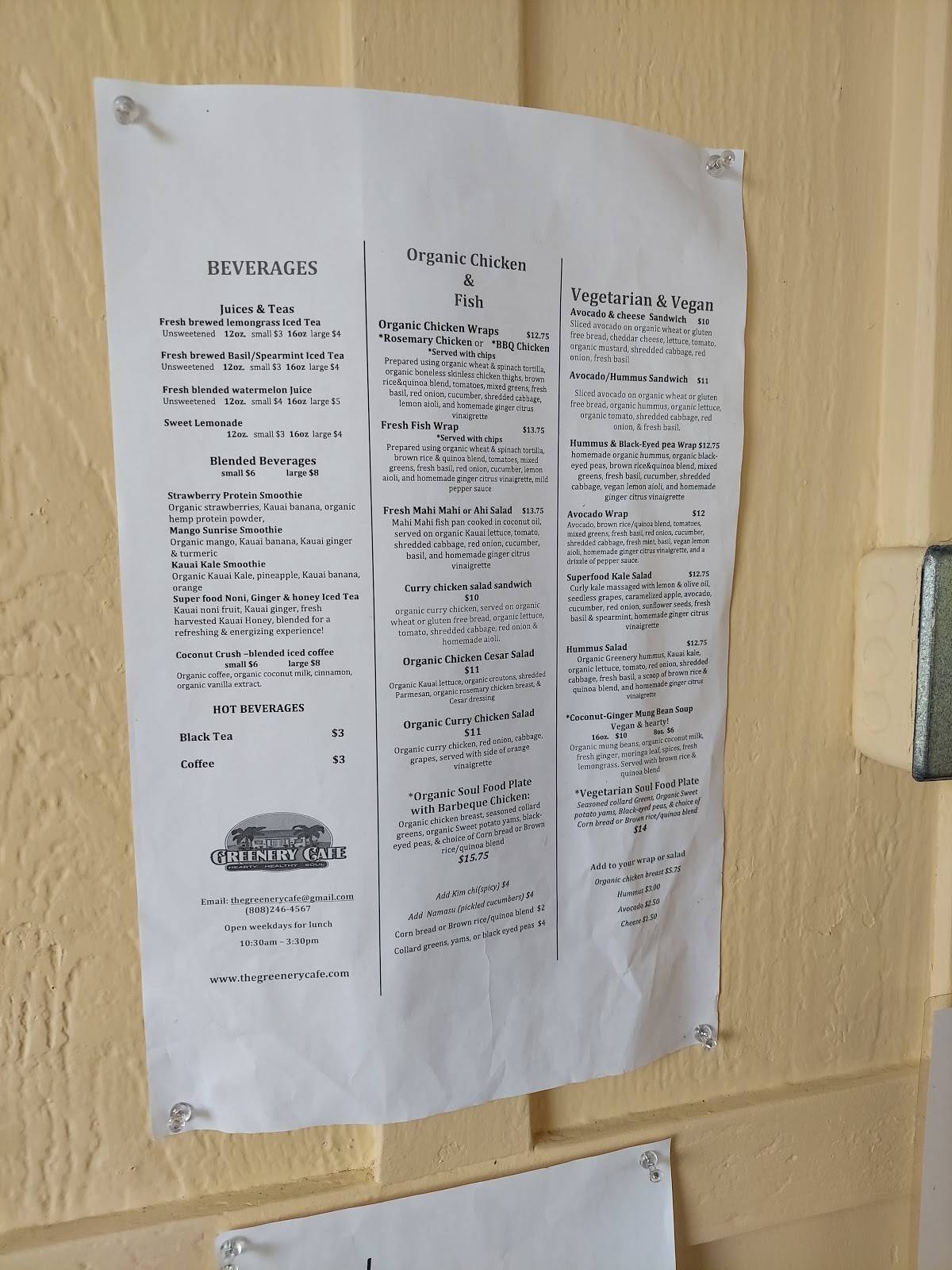 Menu at The Greenery Cafe, Lihue