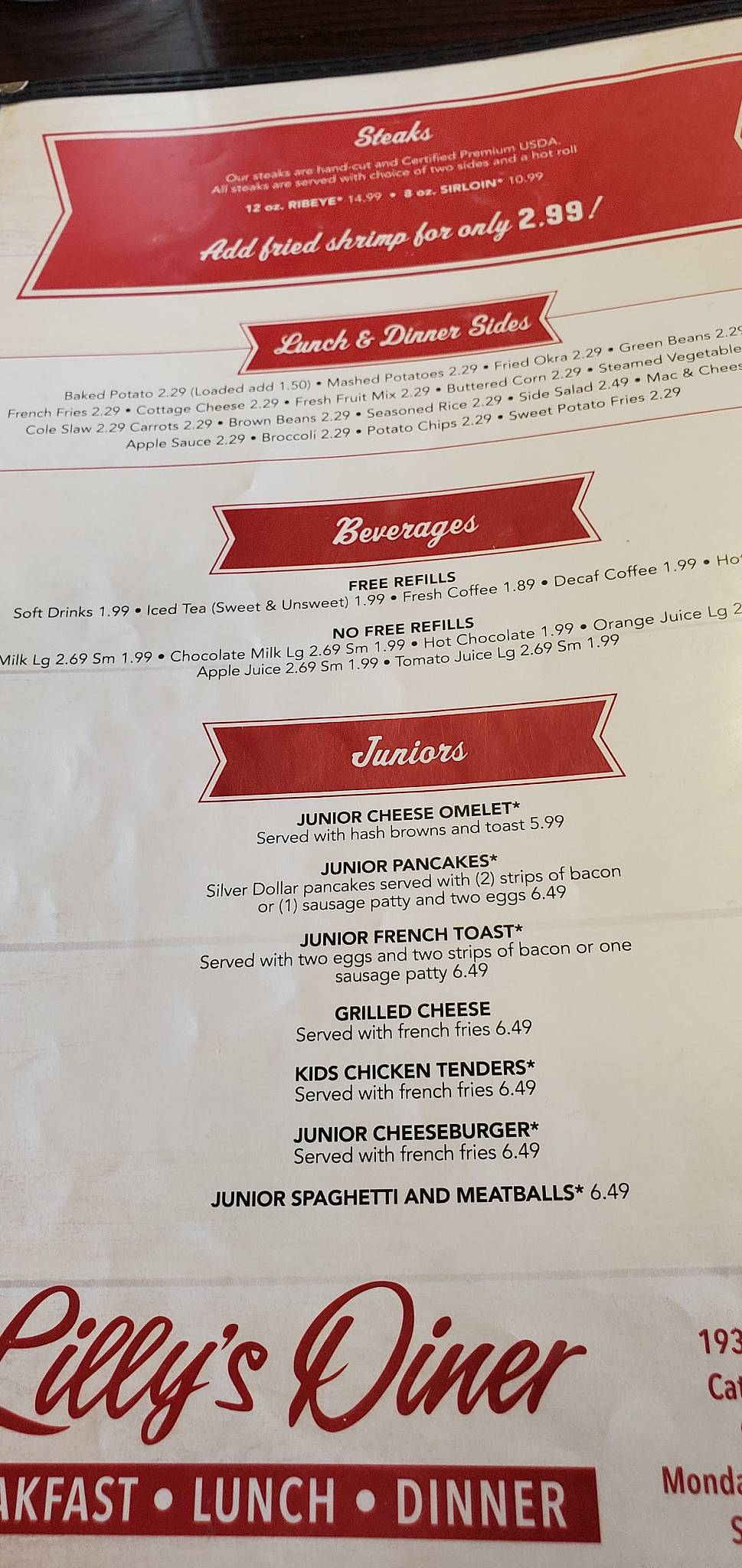 Menu at Lilly's Diner restaurant, Tulsa