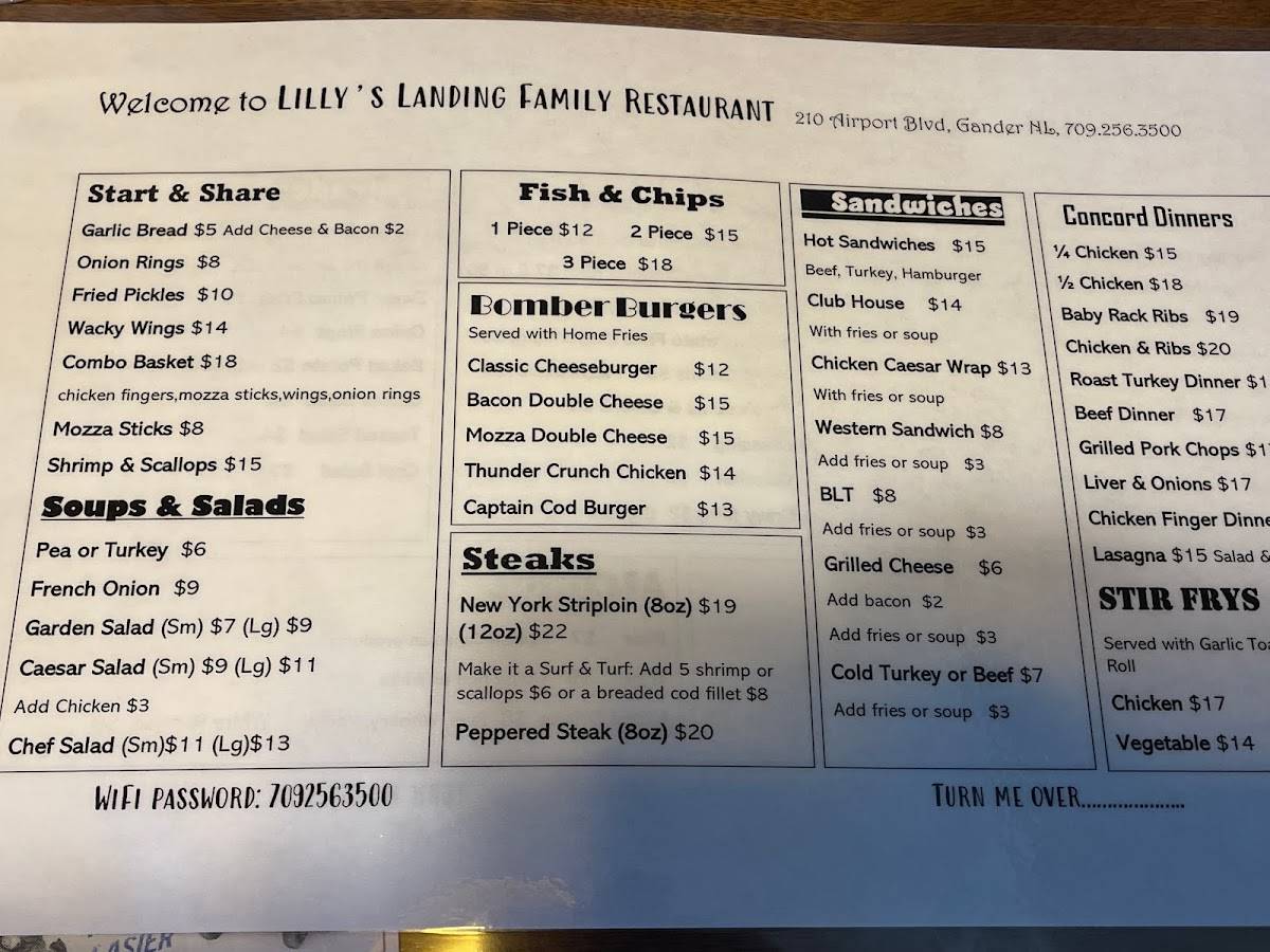 Menu at Lilly's Landing Family Restaurant, Gander