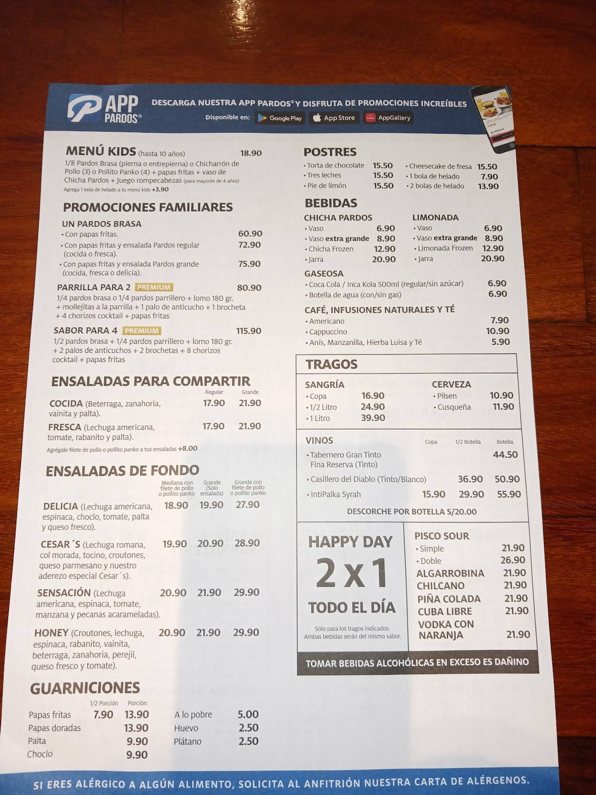 Carta del restaurante Pardos Chicken, Lima, Av. El Golf Los Incas 498 ...