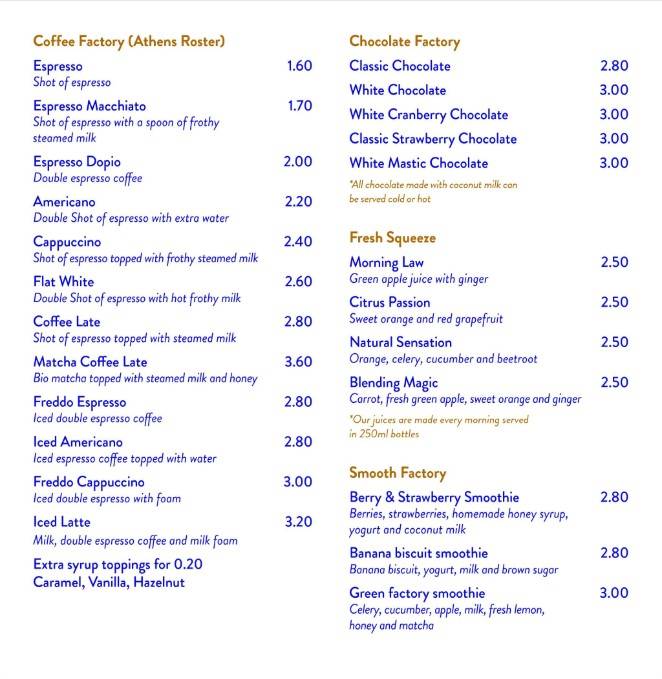 Menu at Food Factory, Limassol
