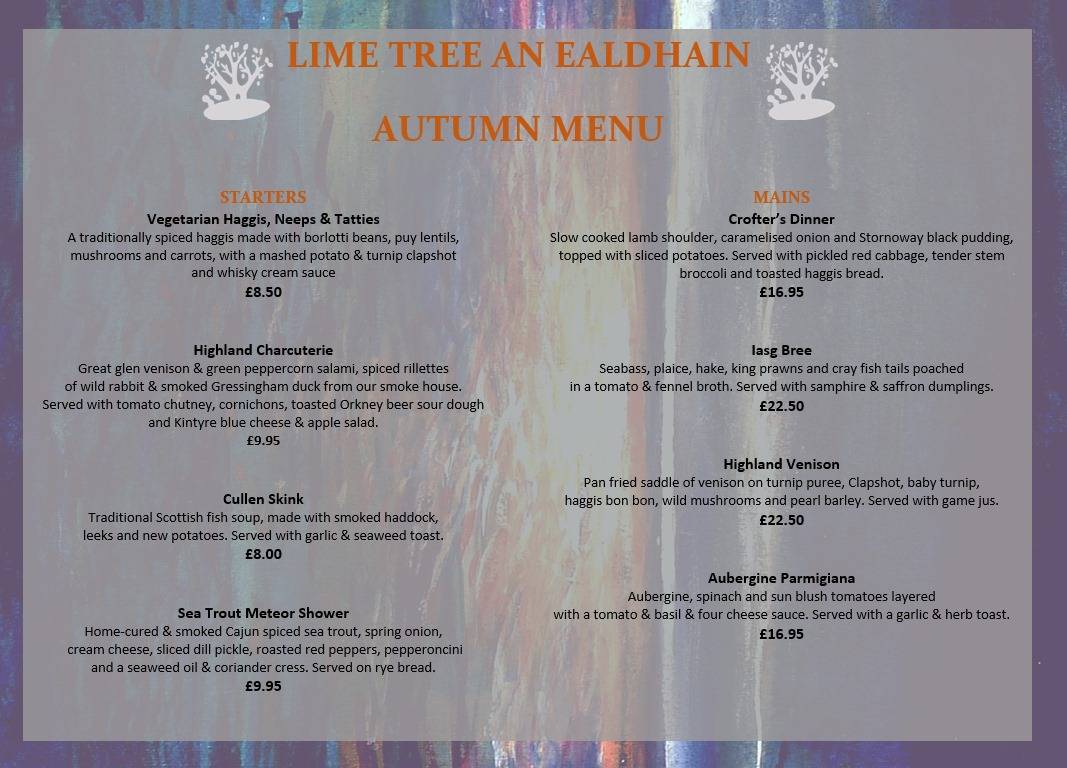 Menu at Lime Tree An Ealdhain Restaurant, Hotel & Gallery, Fort William ...