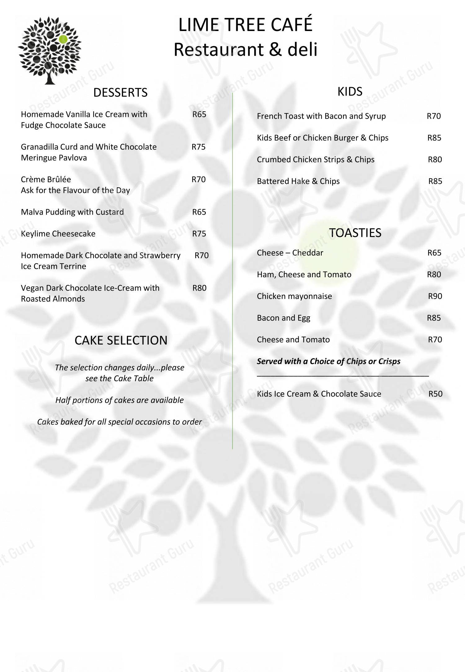 Menu at Lime Tree Cafe, Cape Town