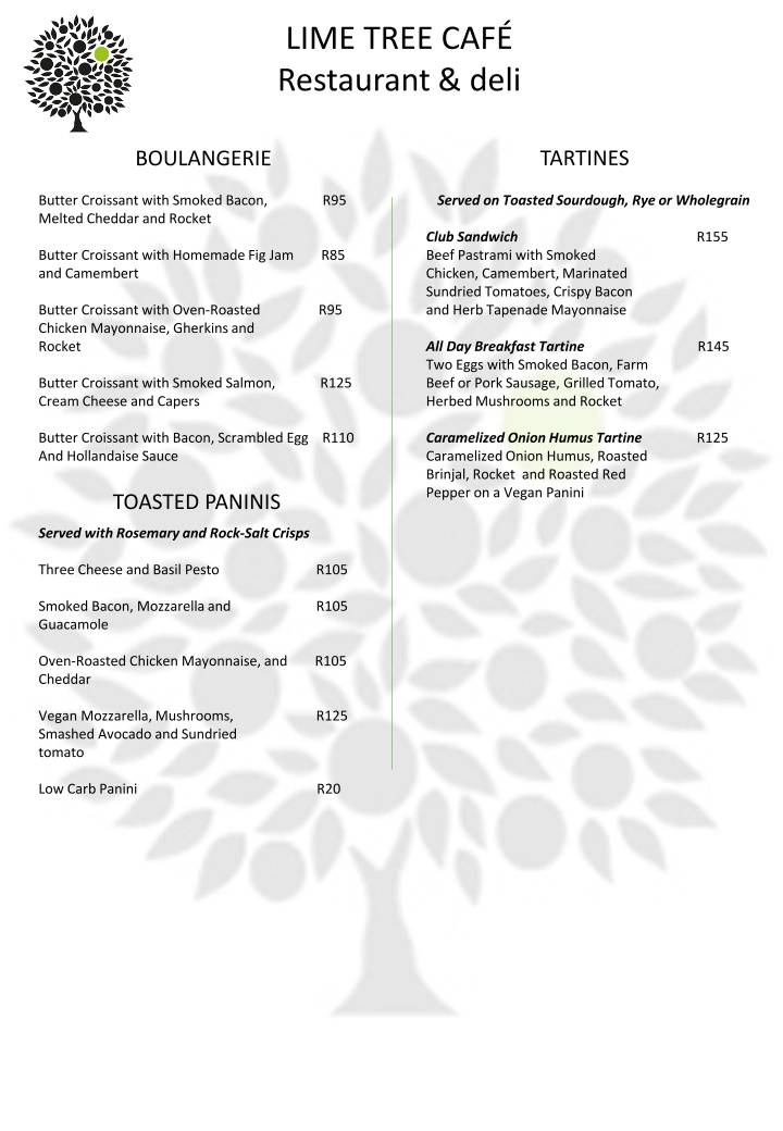 Menu at Lime Tree Cafe, Cape Town