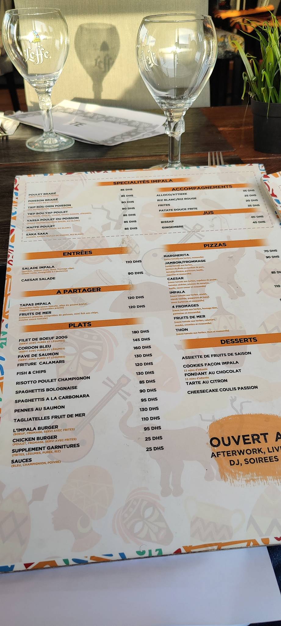 Menu au L'impala restaurant, Casablanca