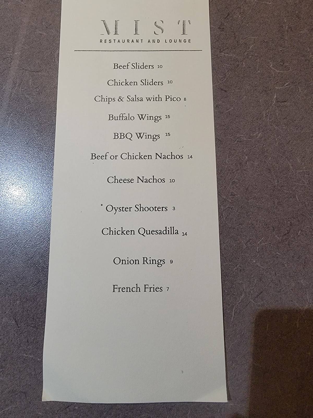 Menu at MIST Restaurant & Lounge, Lincoln City