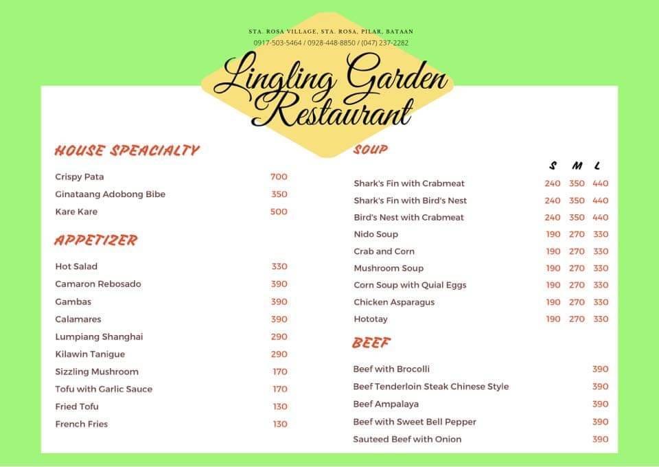 Menu at Lingling Garden Restaurant, Pilar