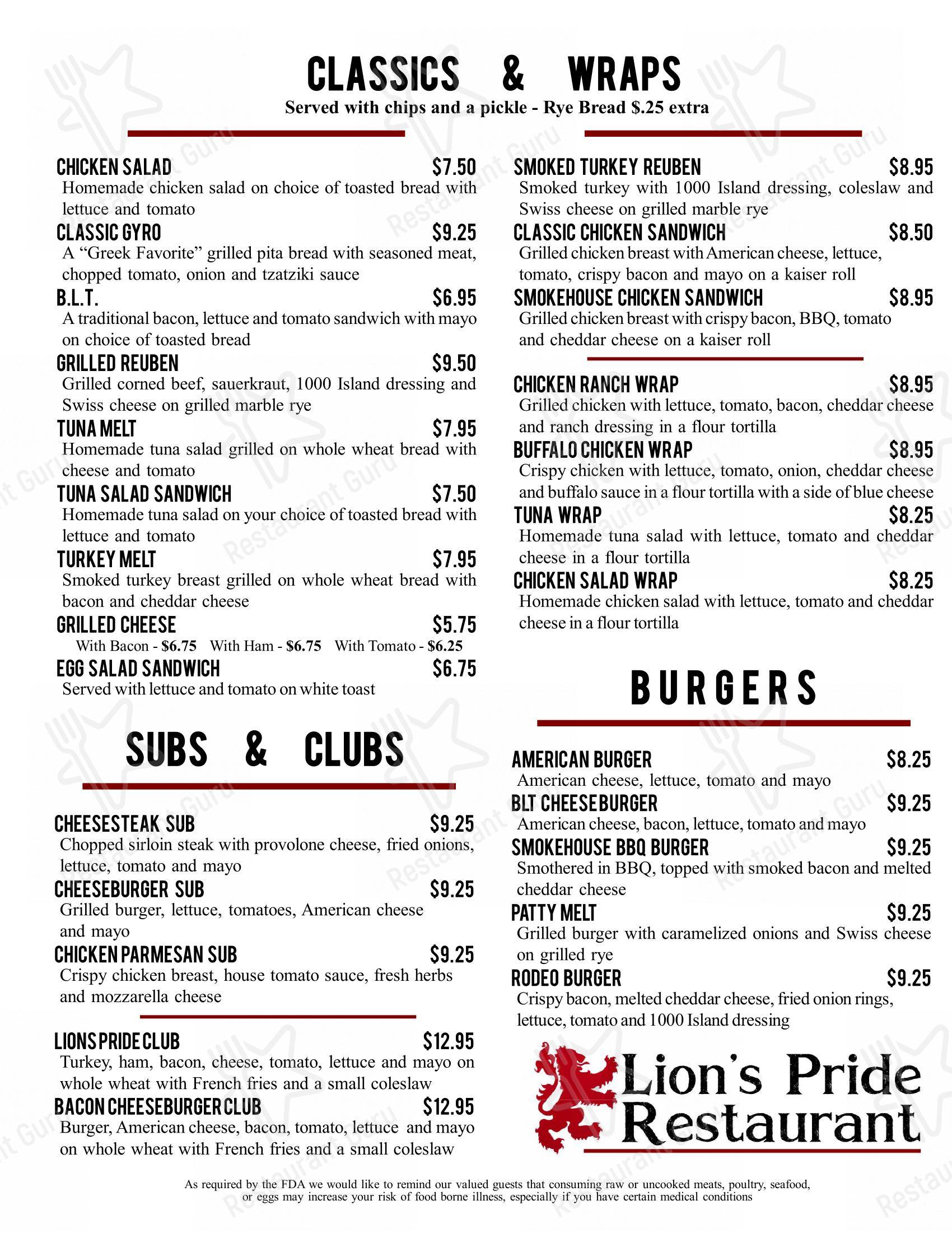Menu at Lion's Pride Restaurant, Red Lion