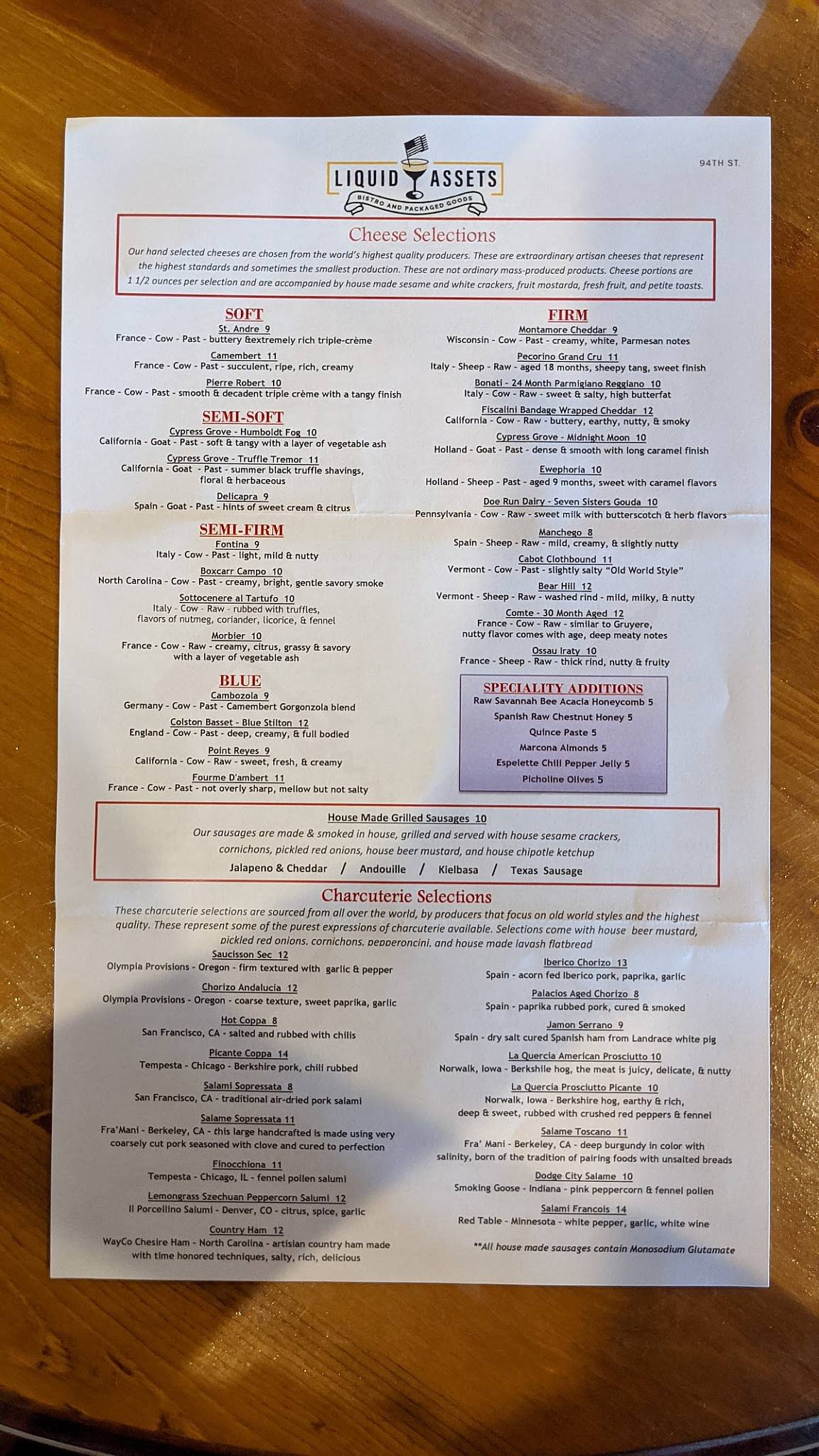Menu at Liquid Assets restaurant, Ocean City, Coastal Hwy