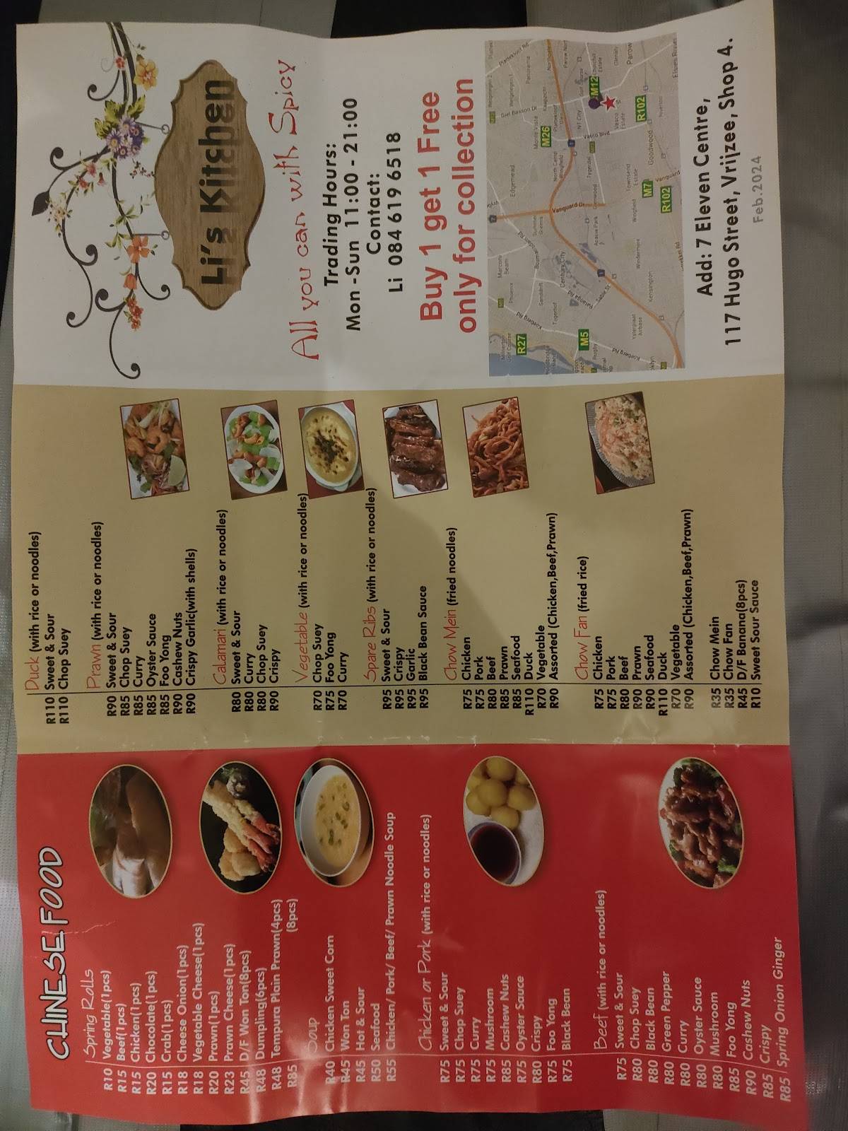 Menu at Li's Kitchen restaurant, Cape Town