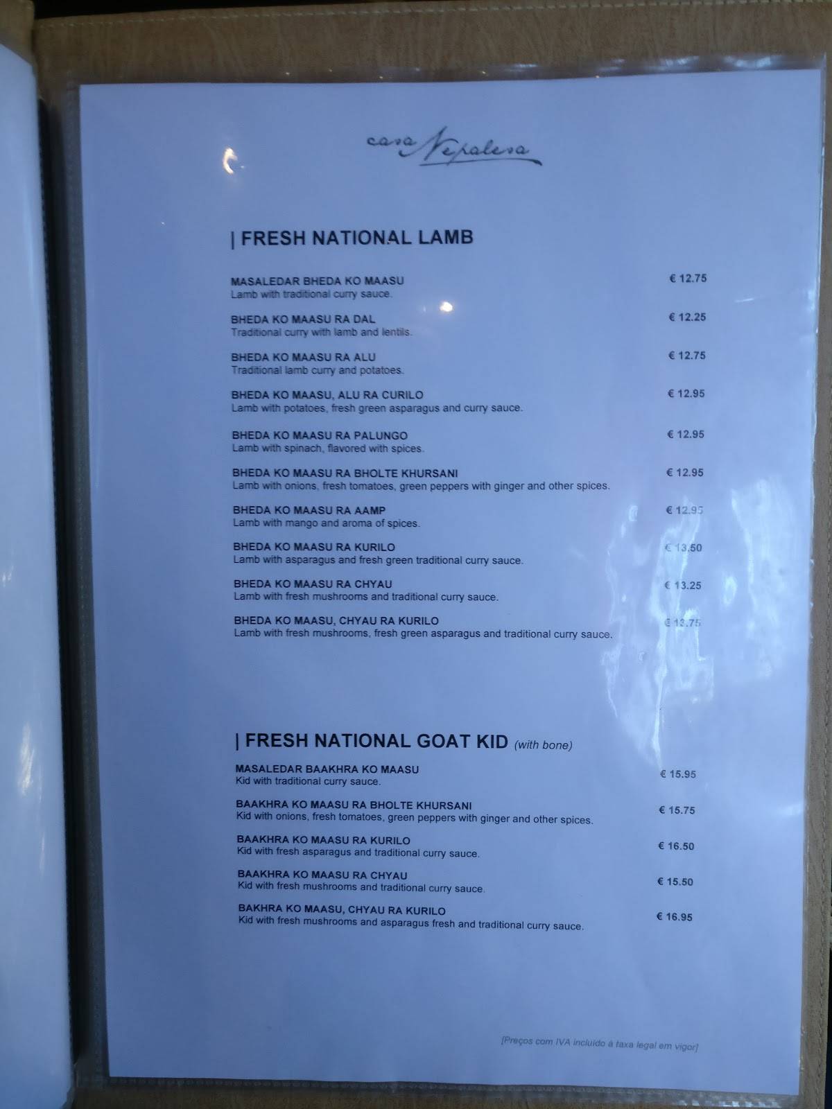 Menu at Casa Nepalesa restaurant, Lisbon, Av. Elias Garcia 172A