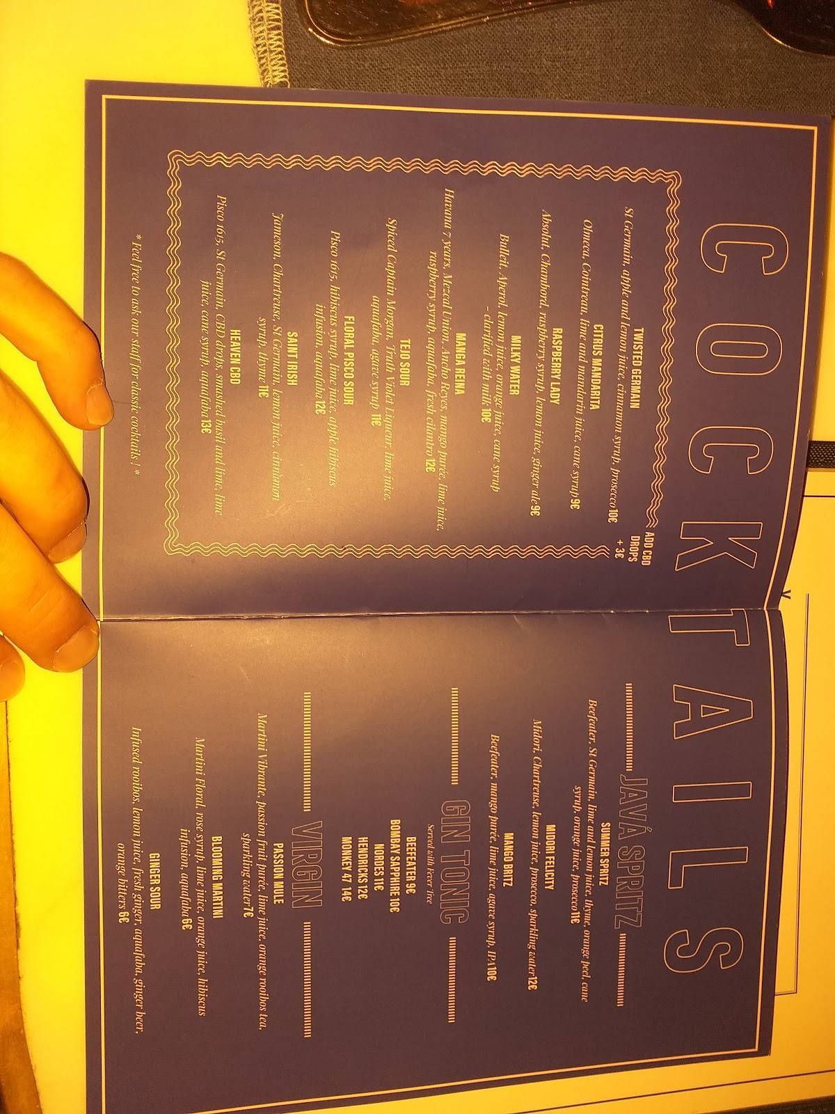 Menu at Javá Rooftop restaurant, Lisbon