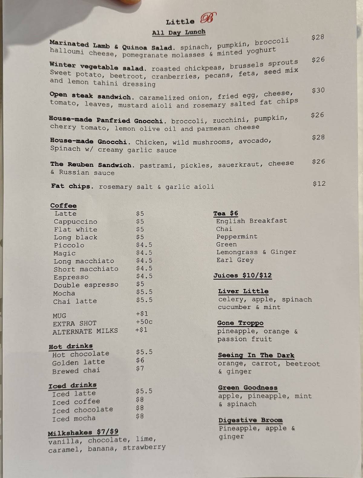 Menu at Little B cafe, Wangaratta