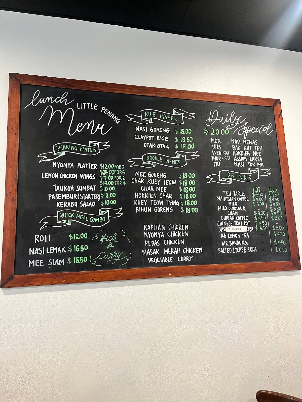 Menu at Little Penang restaurant, Wellington, 179 Victoria St