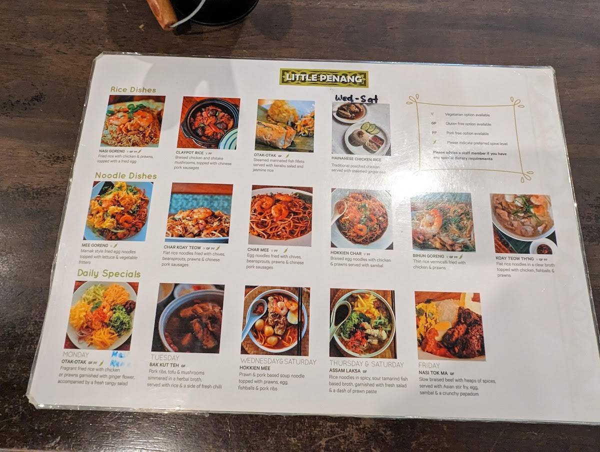 Menu at Little Penang restaurant, Wellington, 179 Victoria St