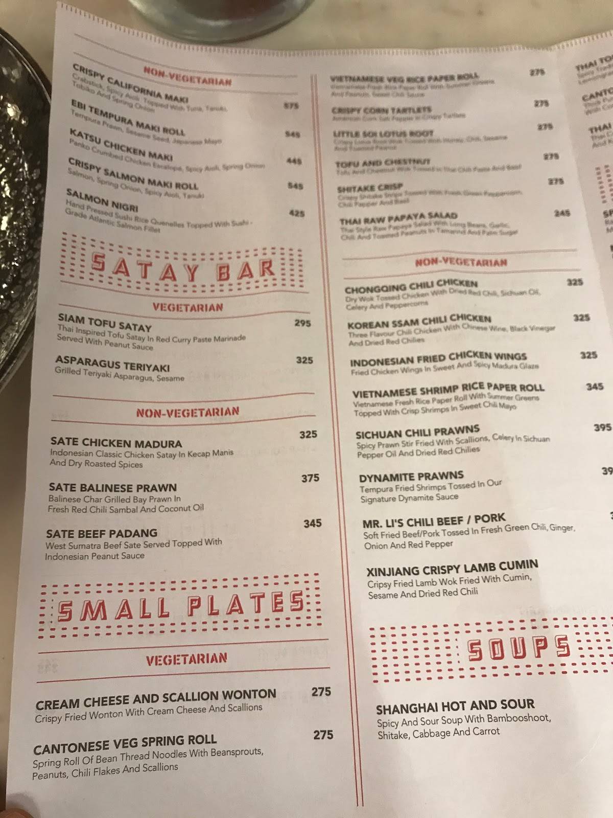 Menu at Little Soi, Chennai