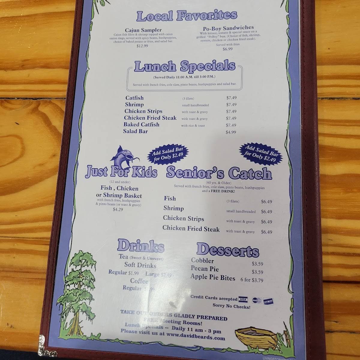 Menu at David Beard's Catfish King restaurant, Livingston, US-59 Loop N