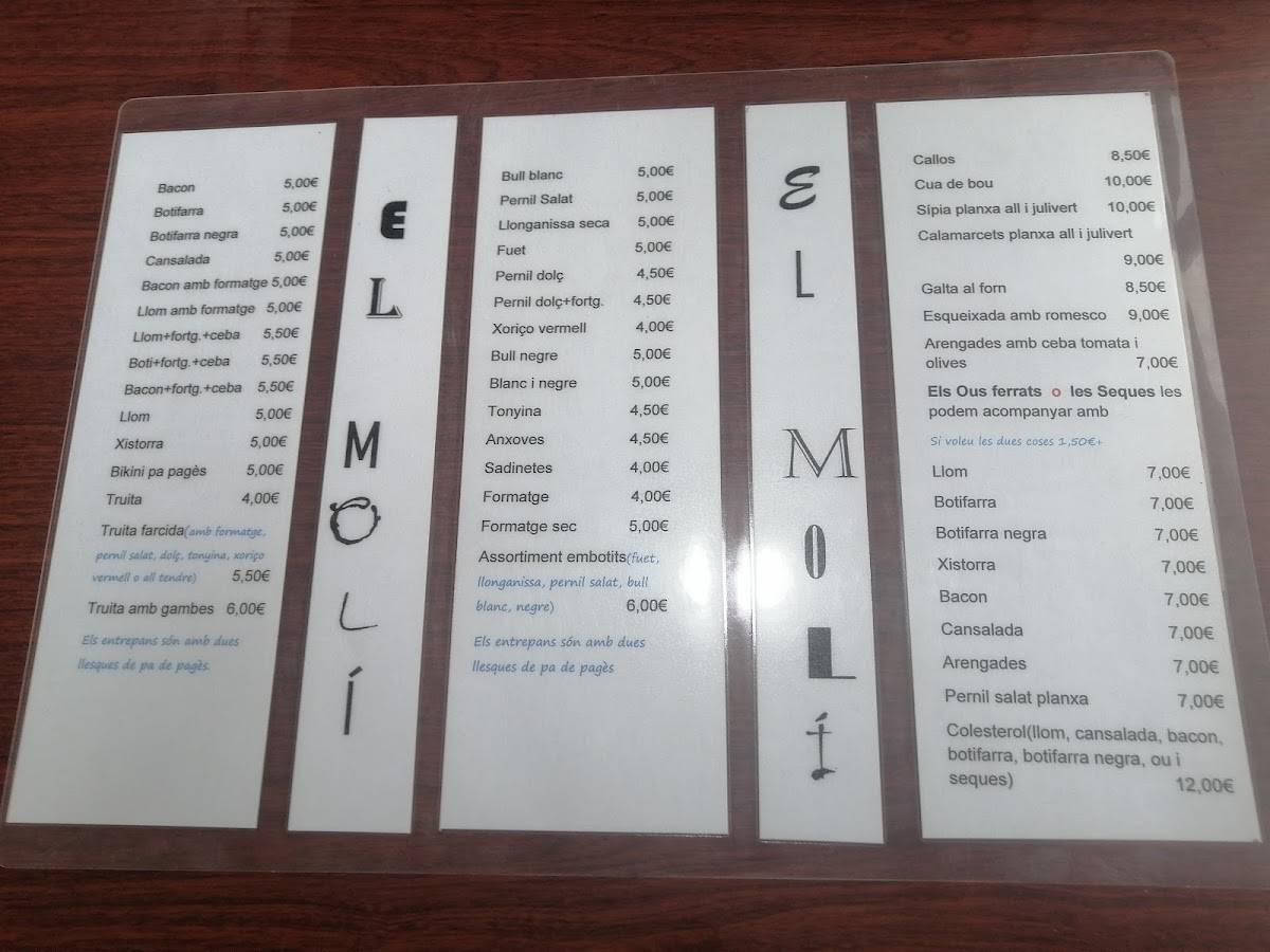 Carta del restaurante El Molí, Tornabous