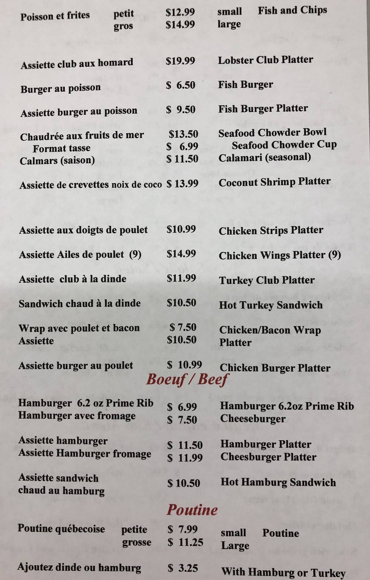 Menu at Lobster Deck restaurant, Shediac