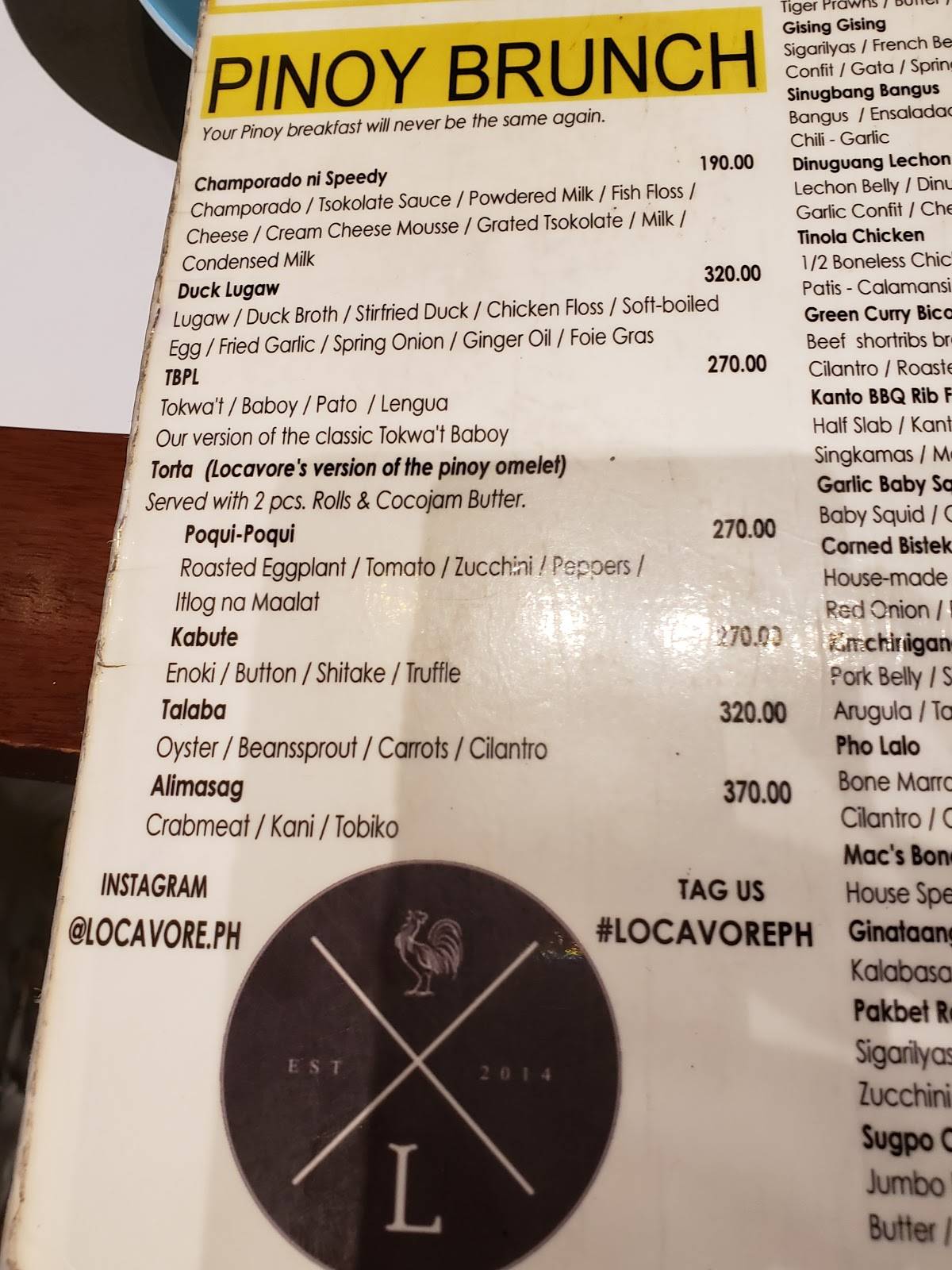 Menu at Locavore Eastwood restaurant, Quezon City