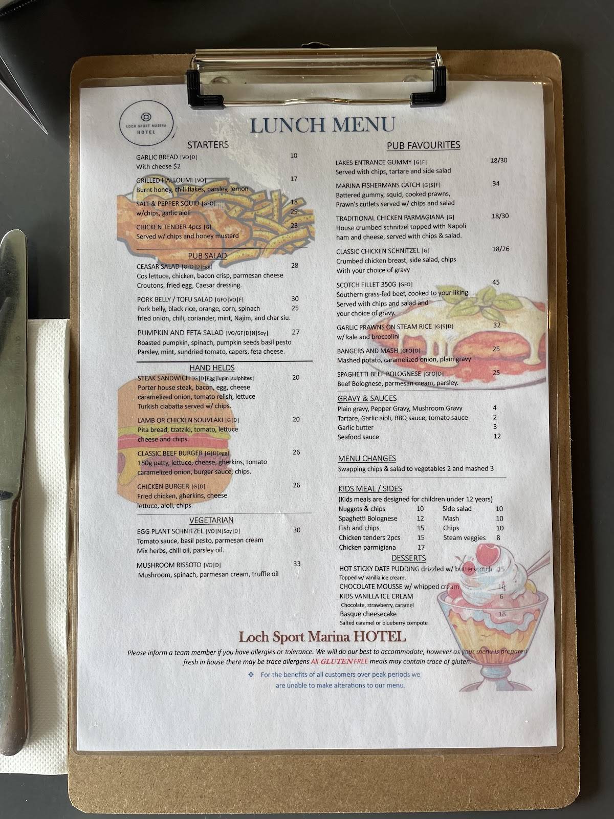 Menu at Loch Sport Marina Hotel steakhouse, Loch Sport