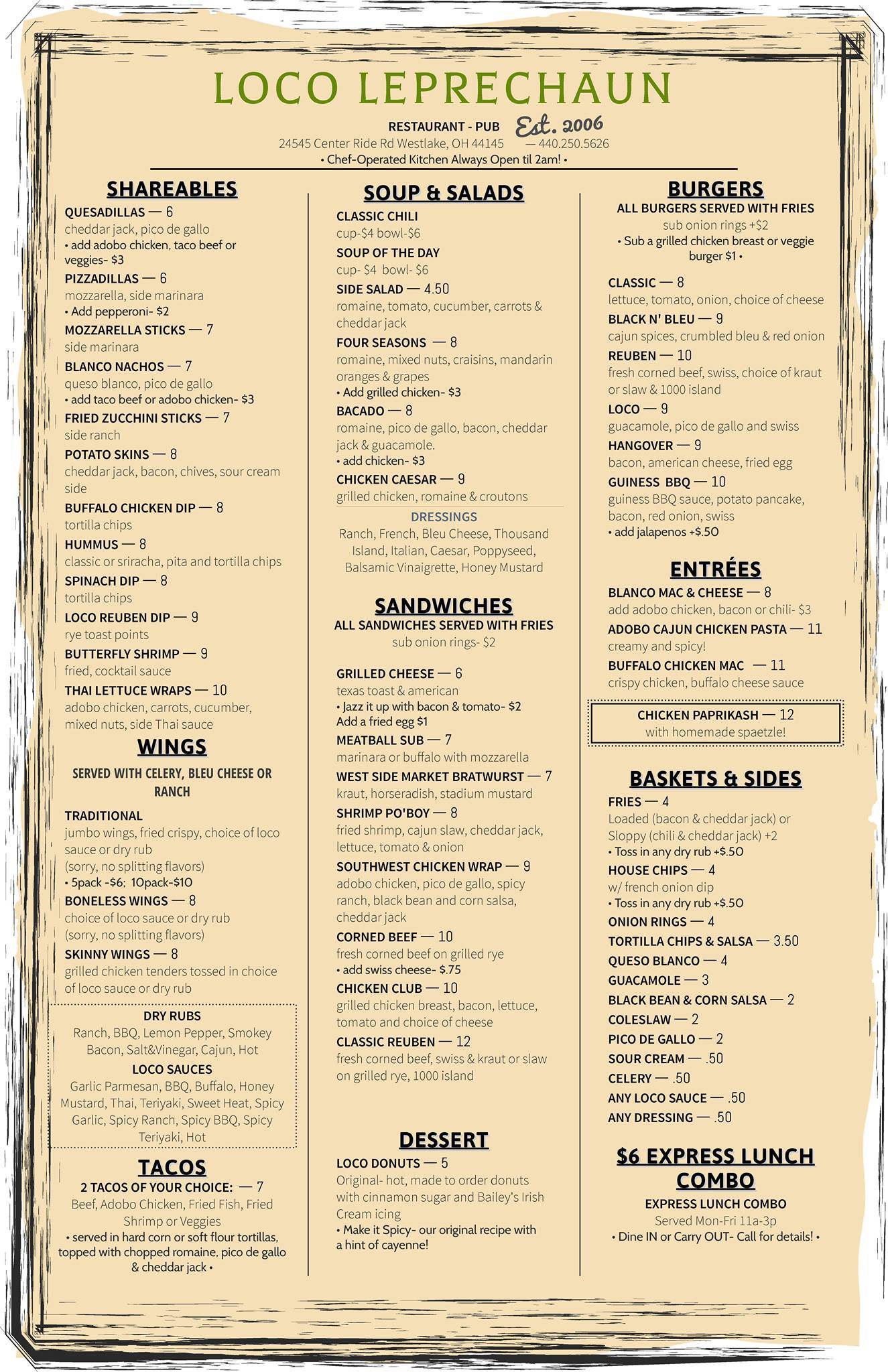 Menu at Loco Leprechaun Pub, Westlake