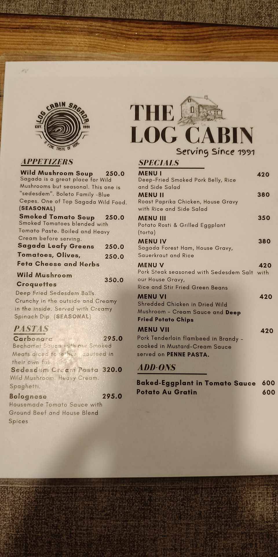 Menu at Log Cabin Sagada restaurant, Sagada, Sagada - Besao Rd